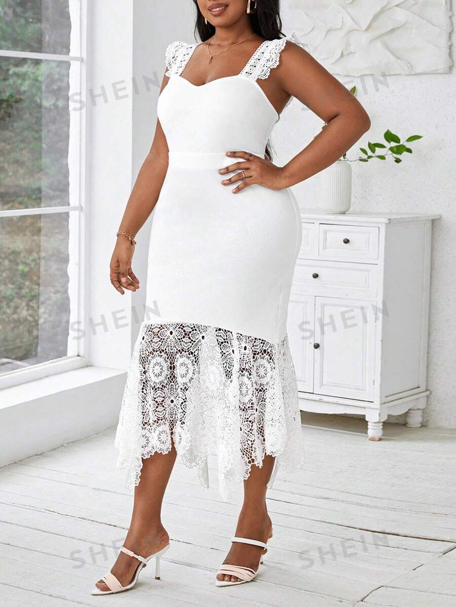 SHEIN Lady Plus Size White Graduation Dress, Elegant Wedding Dress ...