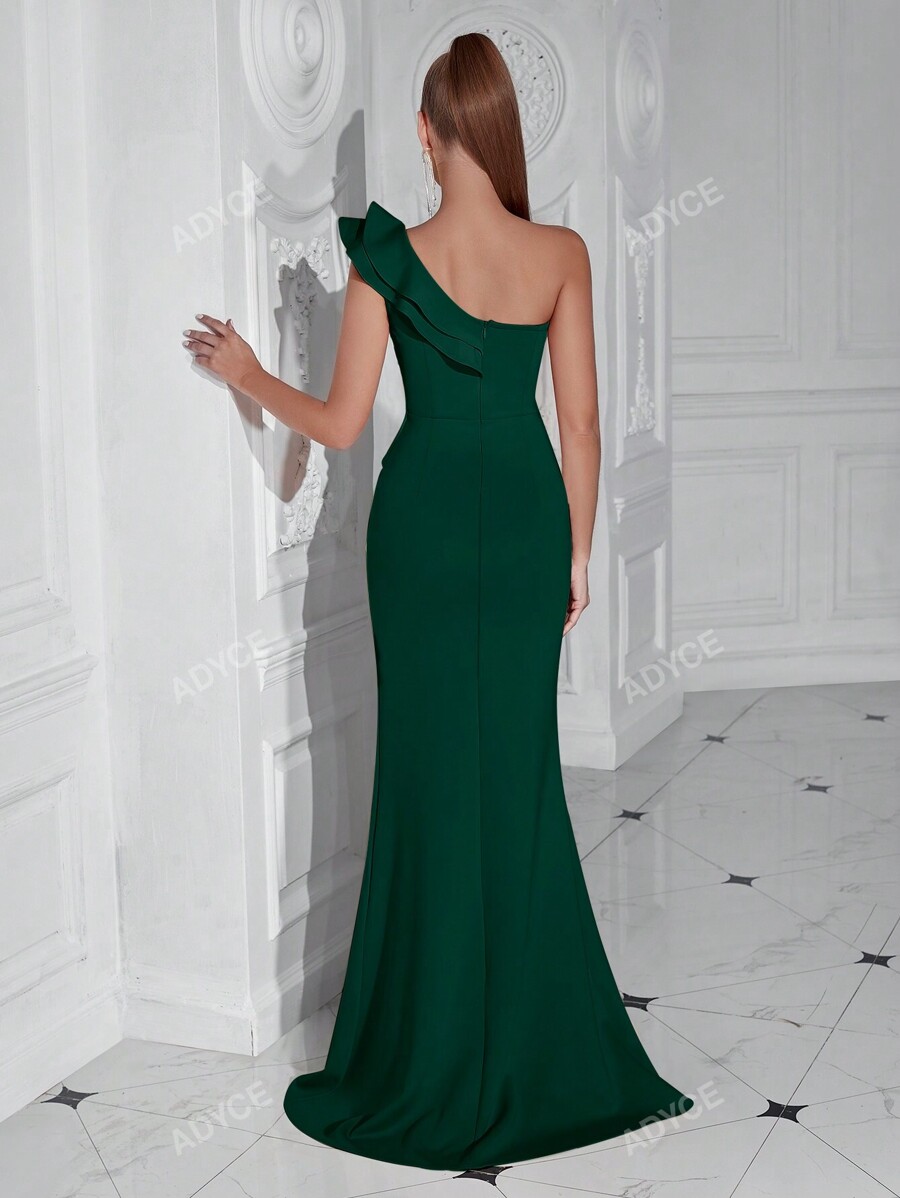 ADYCE One Shoulder Ruffle Trim Split Thigh Cocktail Party Formal Dress, Elegant Prom Evening ...