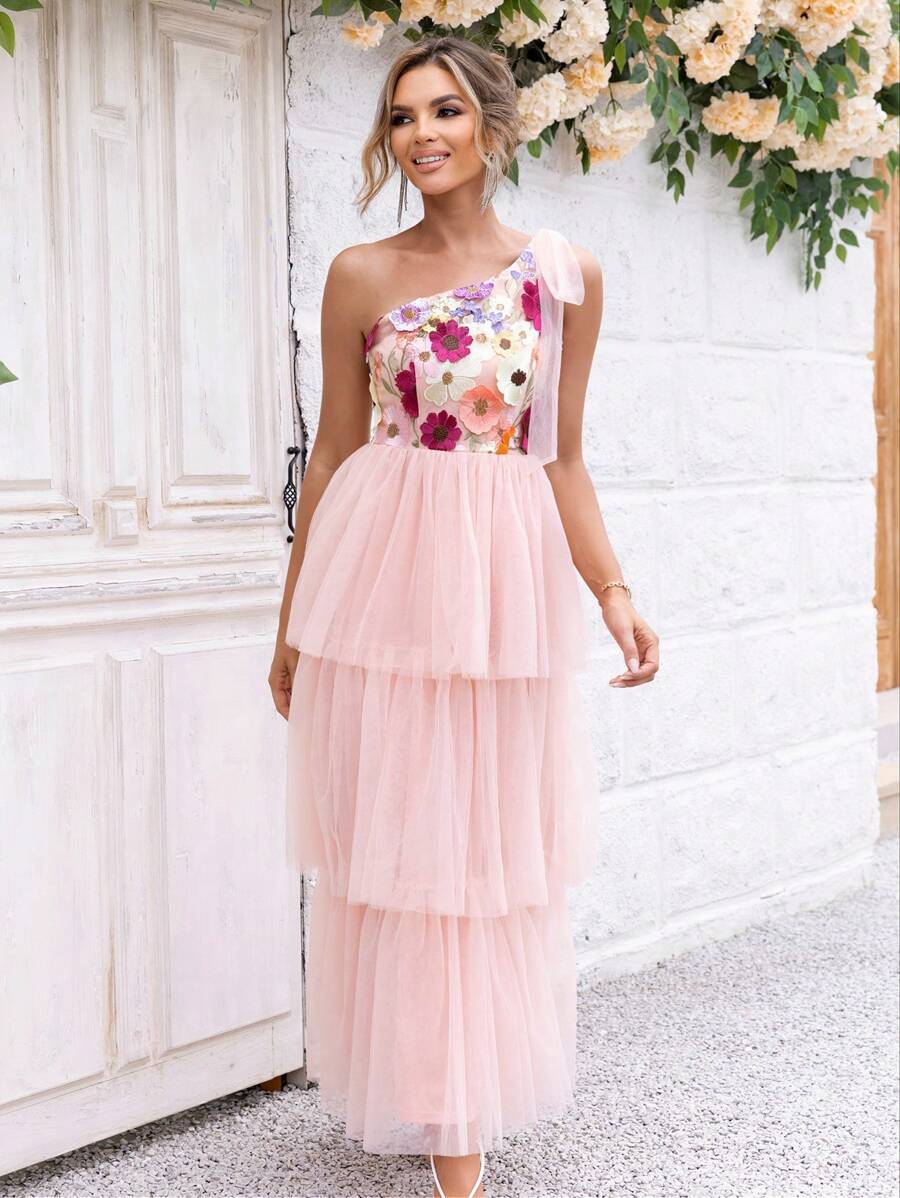 Joyfunear Flower Patchwork Mesh One Shoulder A-Line Dress | SHEIN UK