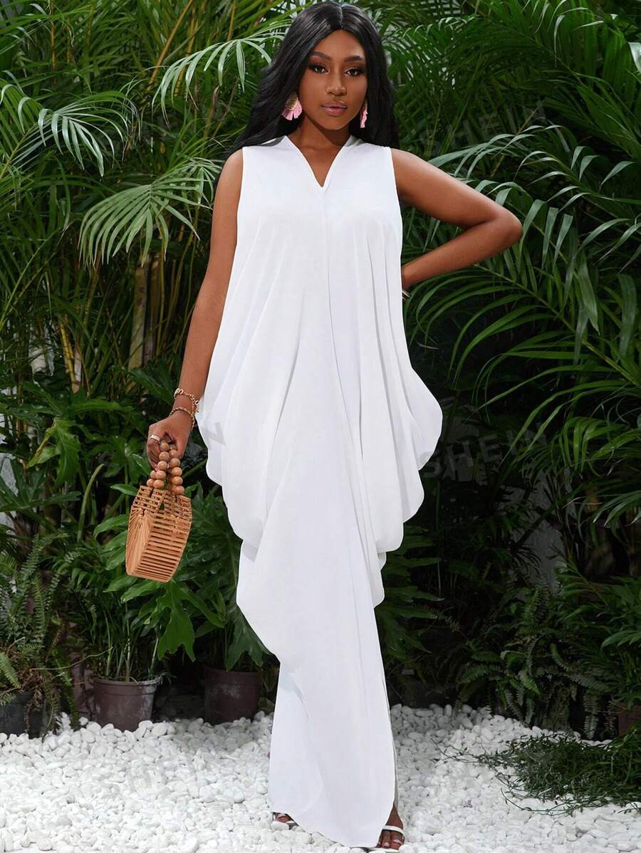 SHEIN Lady Plus Size Women's Summer Solid Color V-Neck Pleated Slit Hem Sleeveless Boho ...