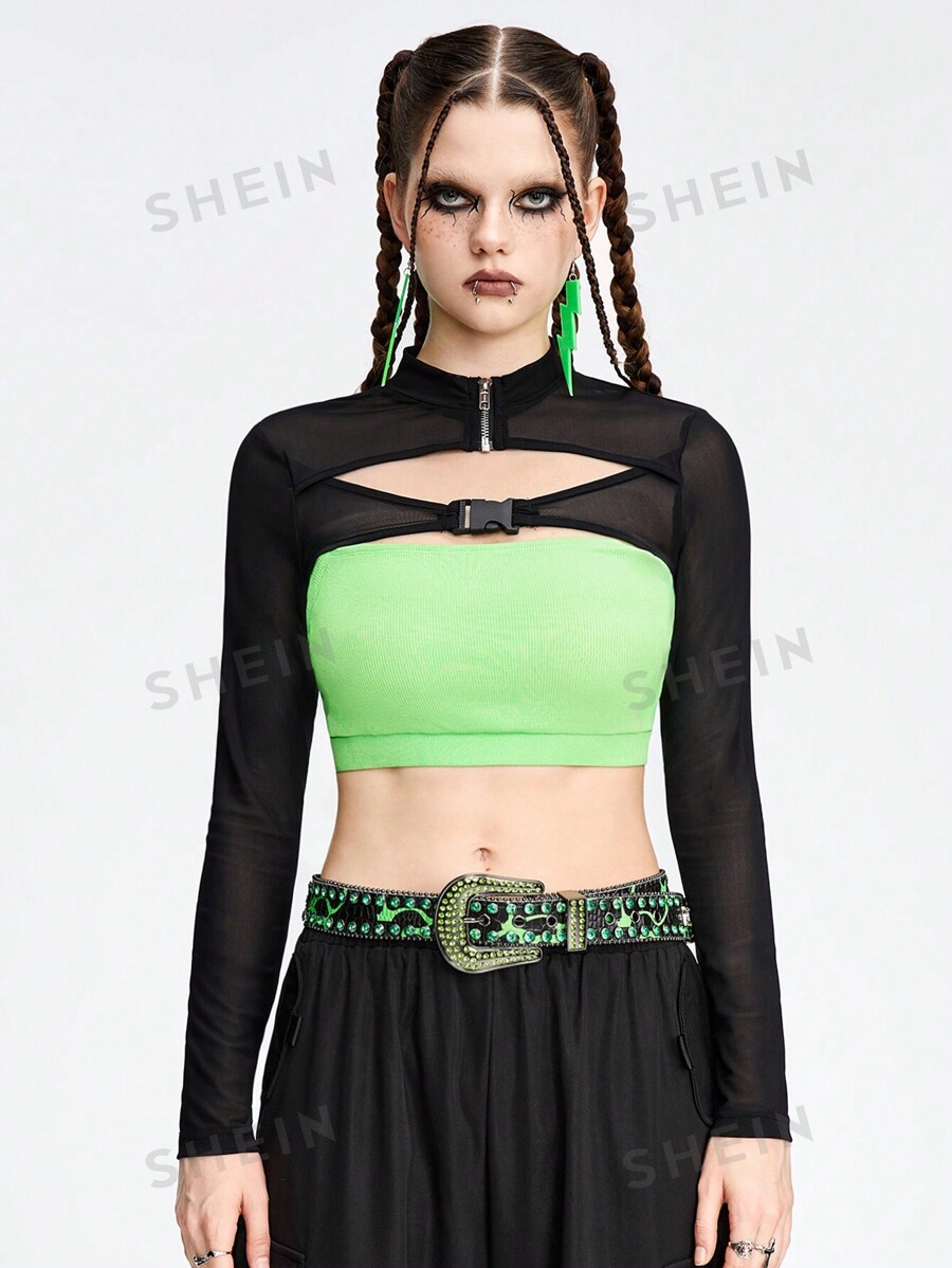 ROMWE Grunge Punk Camisa fresca de estilo punk con frente de hebilla ...