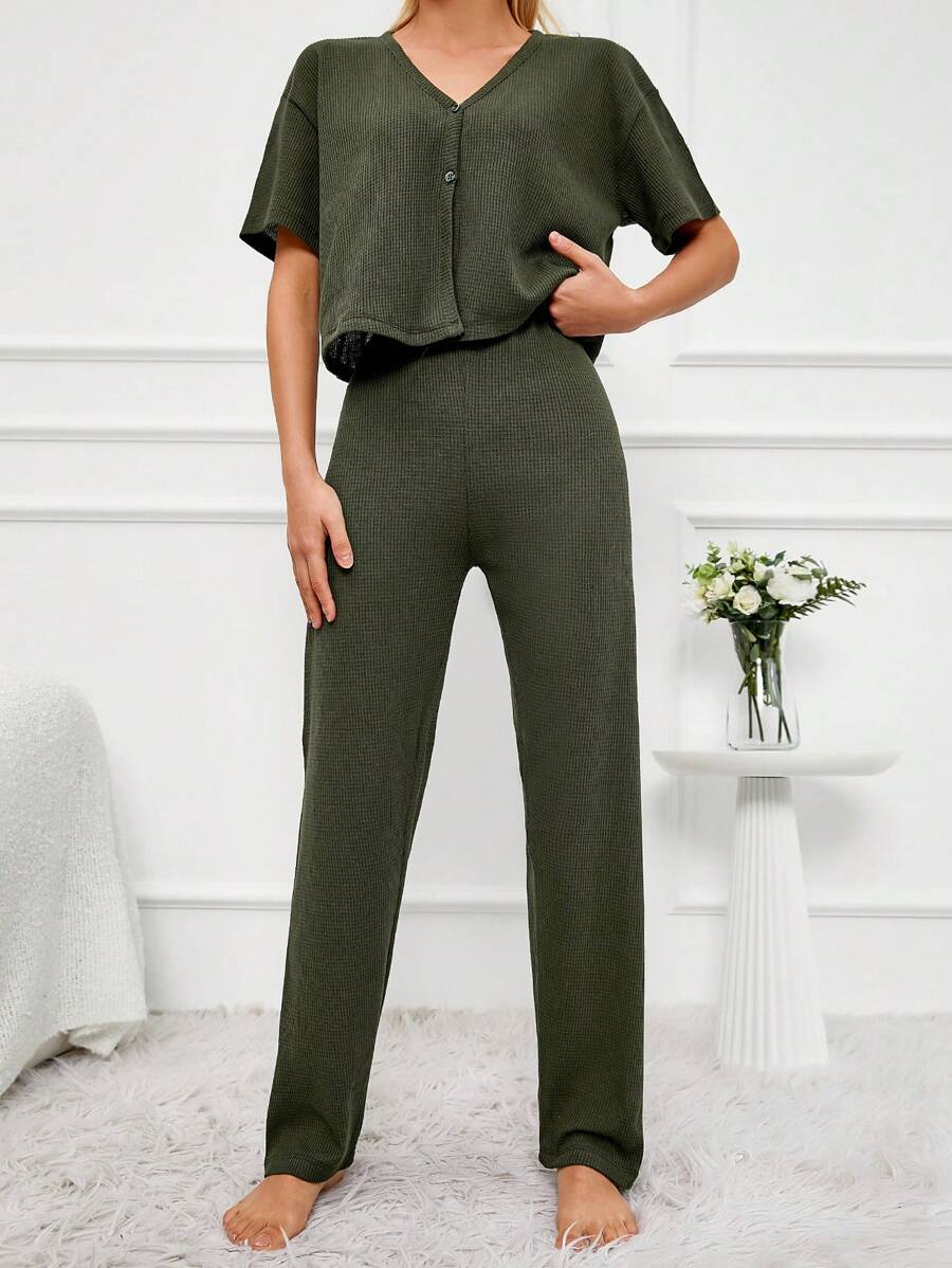 SHEIN 2-teiliges Damen-oberteil Mit V-ausschnitt, Knopfleiste Und ...