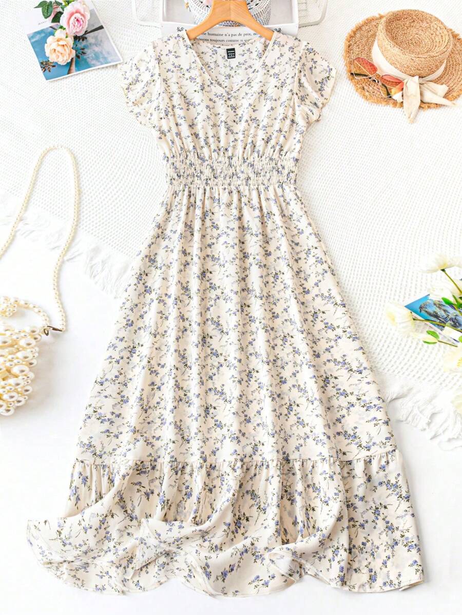 SHEIN Holidaya Women Summer Holiday Retro Floral Dress With Ruffled ...