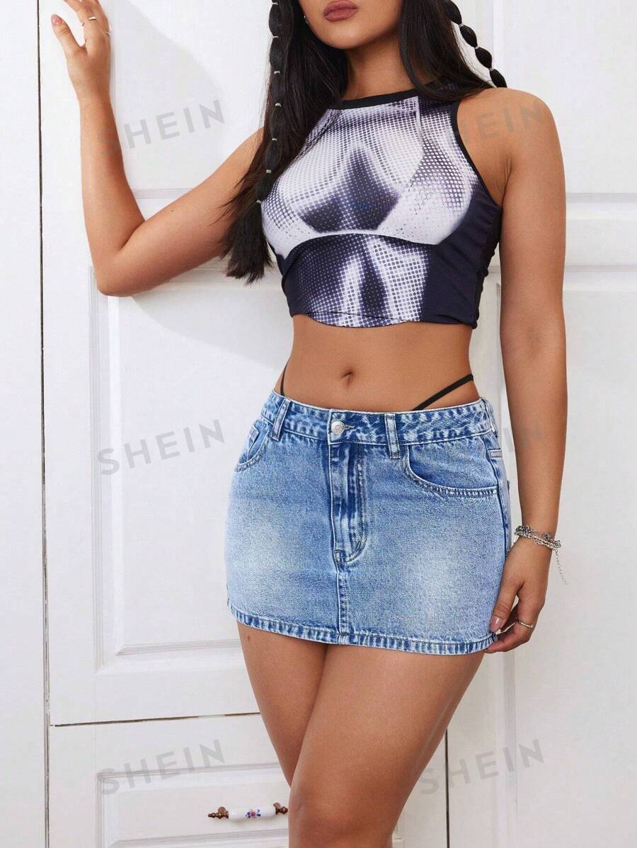 SHEIN ICON Women's Sexy Low Waist Washed Denim Mini Skirt | SHEIN UK