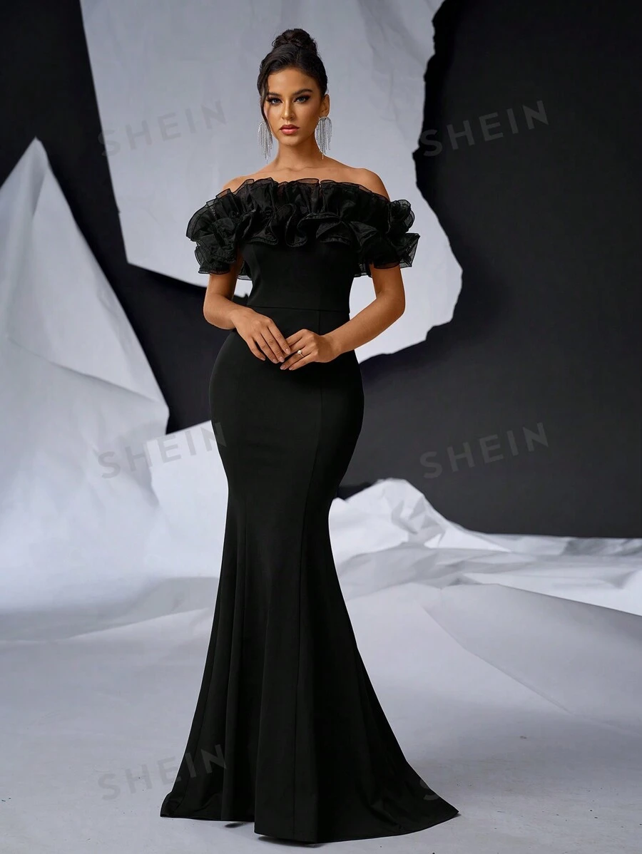 SHEIN Belle Elegant Black Exaggerated Mesh 3D Floral Off Shoulder Floor-Length Mermaid Knit ...