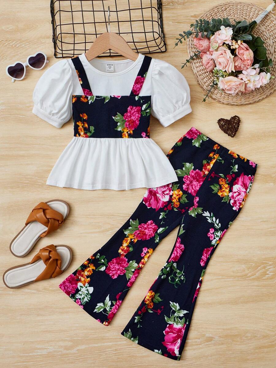 SHEIN Young Girl Toddler Girls Puff Sleeve Peplum Top & Floral Print ...