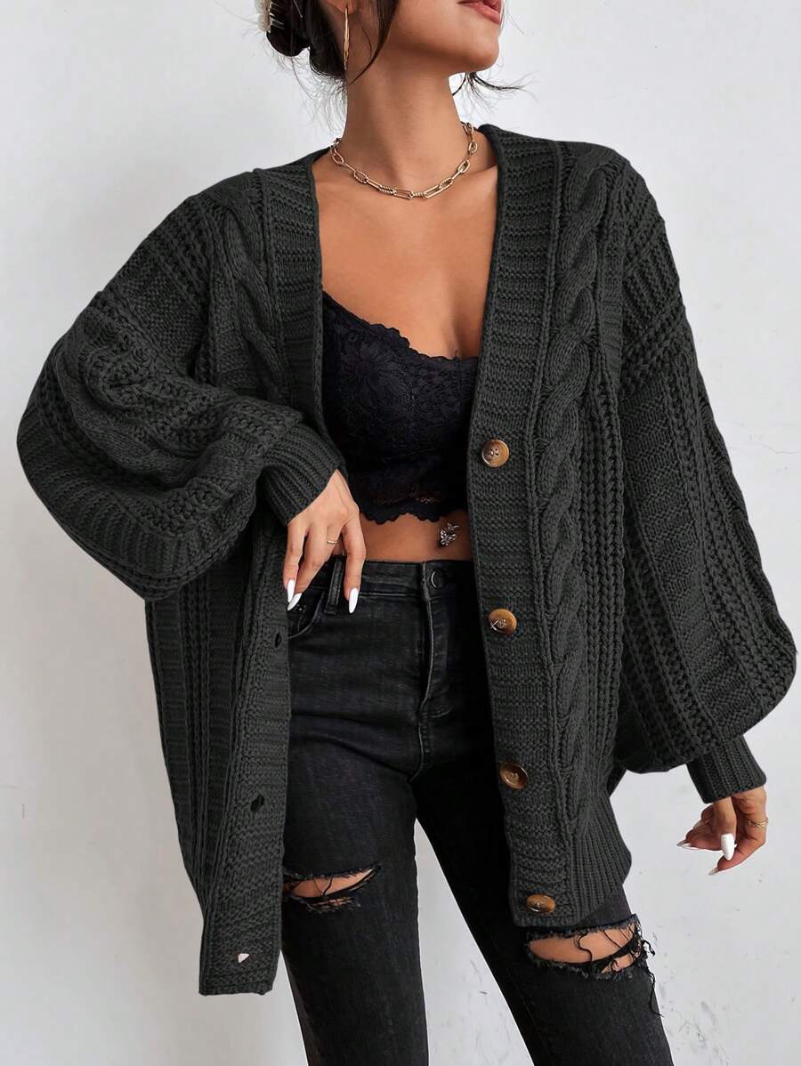 Calvaya Solid Button Front Cable Knit Cardigan,Long Sleeve Tops | SHEIN USA