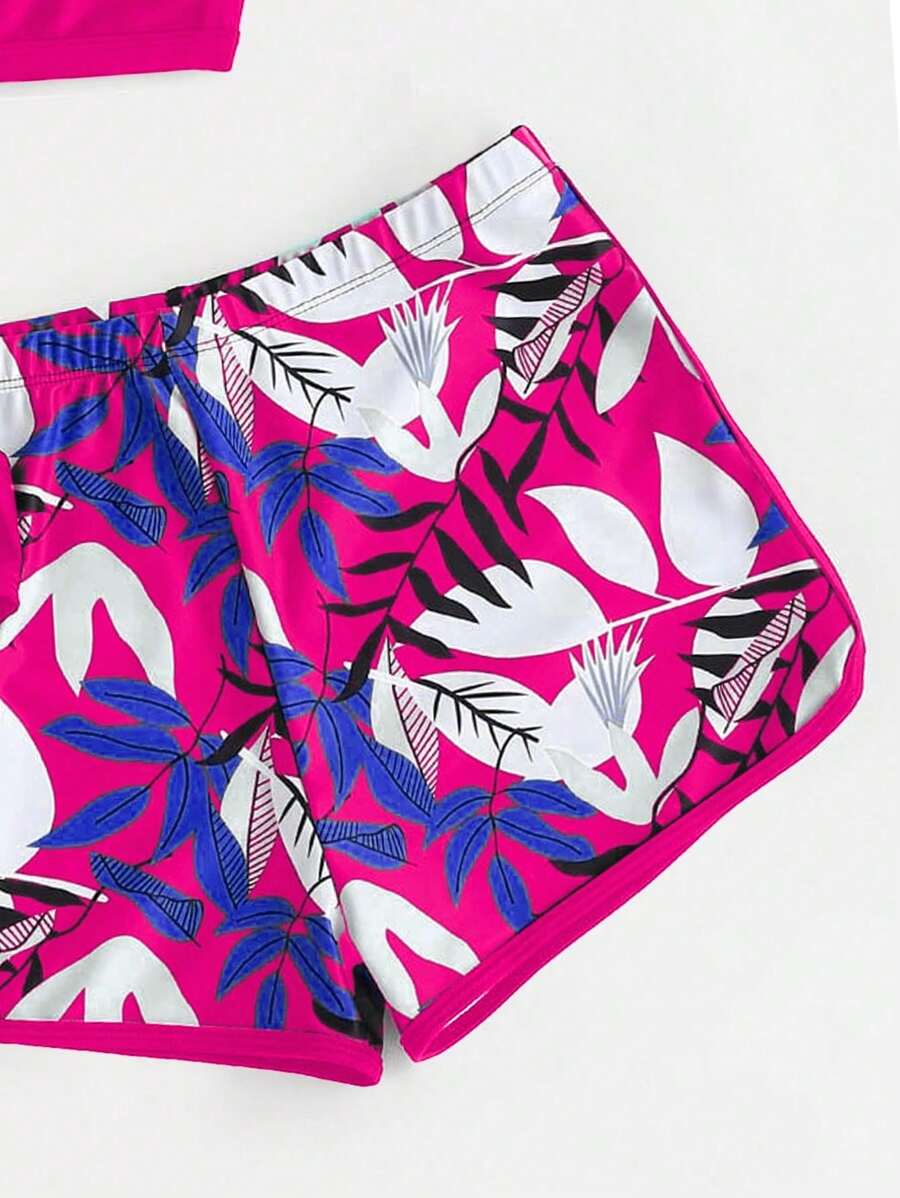 SHEIN Set di 3 pezzi Teenage Girl Beach Vacation: Copricostume con stampa botanica, shorts e ...