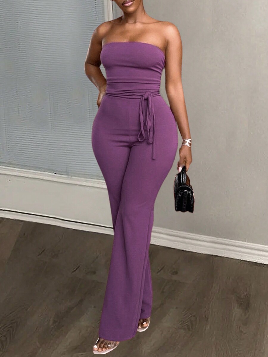 Slaydiva Elegant Purple Waist Belted Halter Flared Jumpsuit/Romper For ...