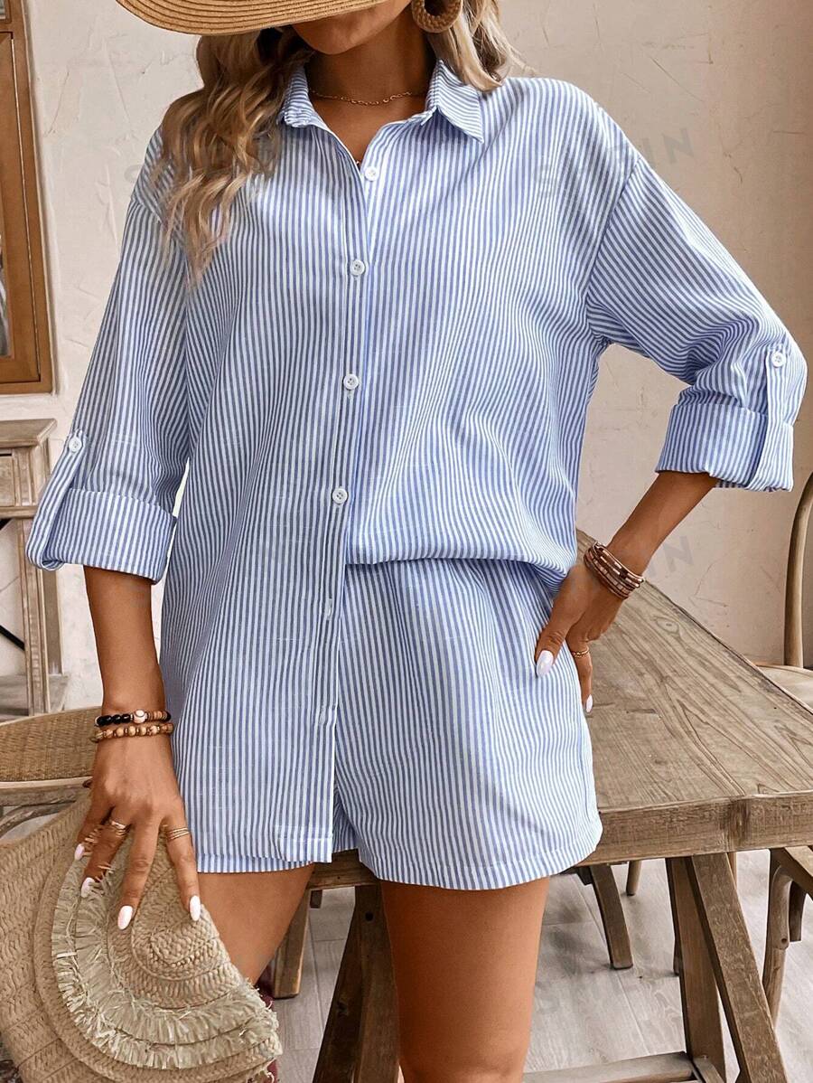 SHEIN Frenchy Women's Fashion Vertical Stripe Shirt And Shorts Set ...