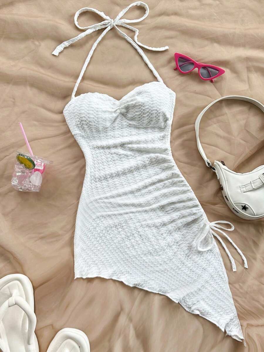 SHEIN WYWH Vacation Halter Neck Drawstring Asymmetrical Hem Bodycon Dress,Vacation Outfits Women ...