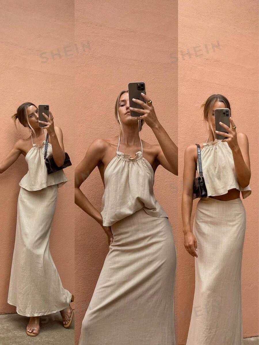 SHEIN Essnce Women's Cotton & Linen Halter Top With Skirt Set, Perfect ...