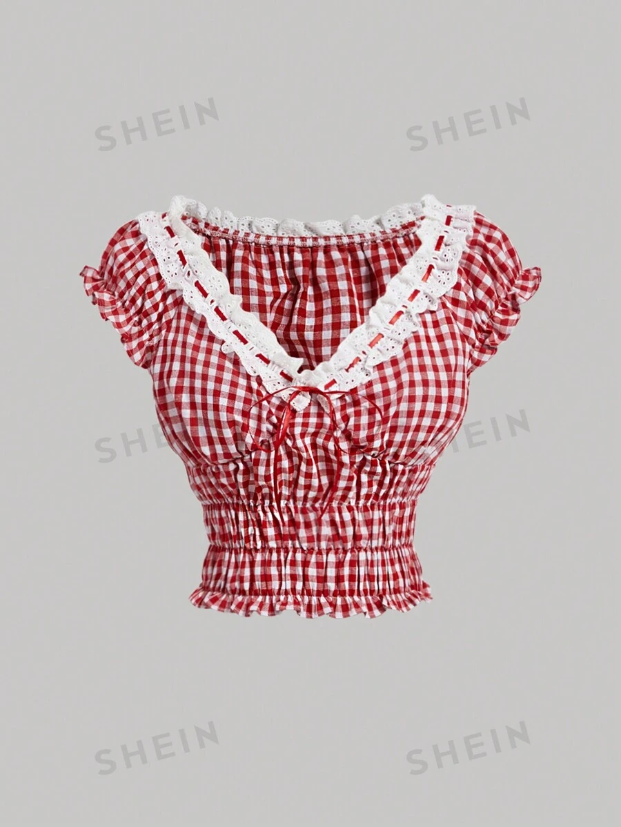 SHEIN MOD Women's Summer Red & White Plaid Puff Sleeve Shirt With ...
