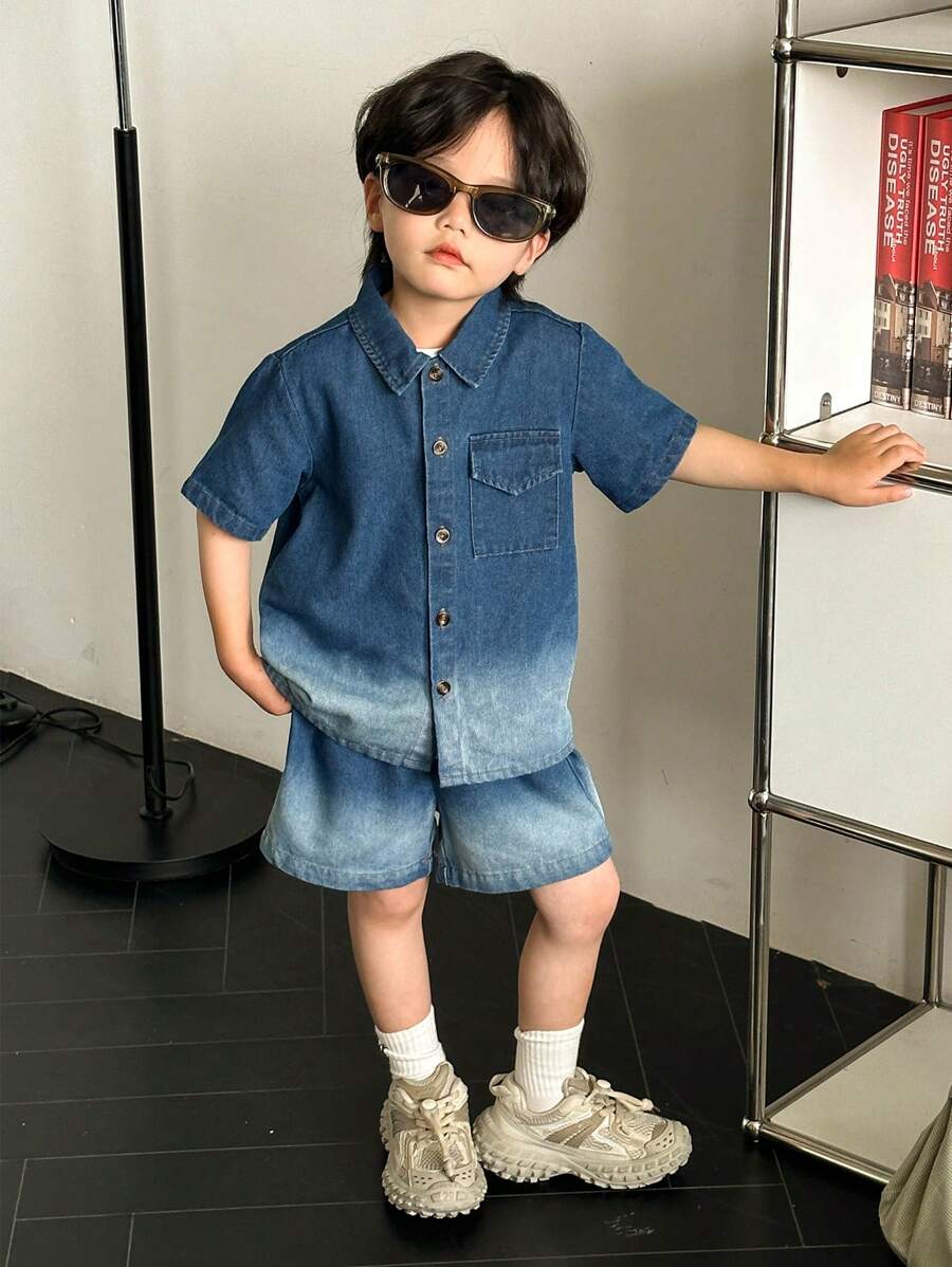 SHEIN Genkimix Kids 2pcs Young Boys Gradient Washed Denim Effect Short ...