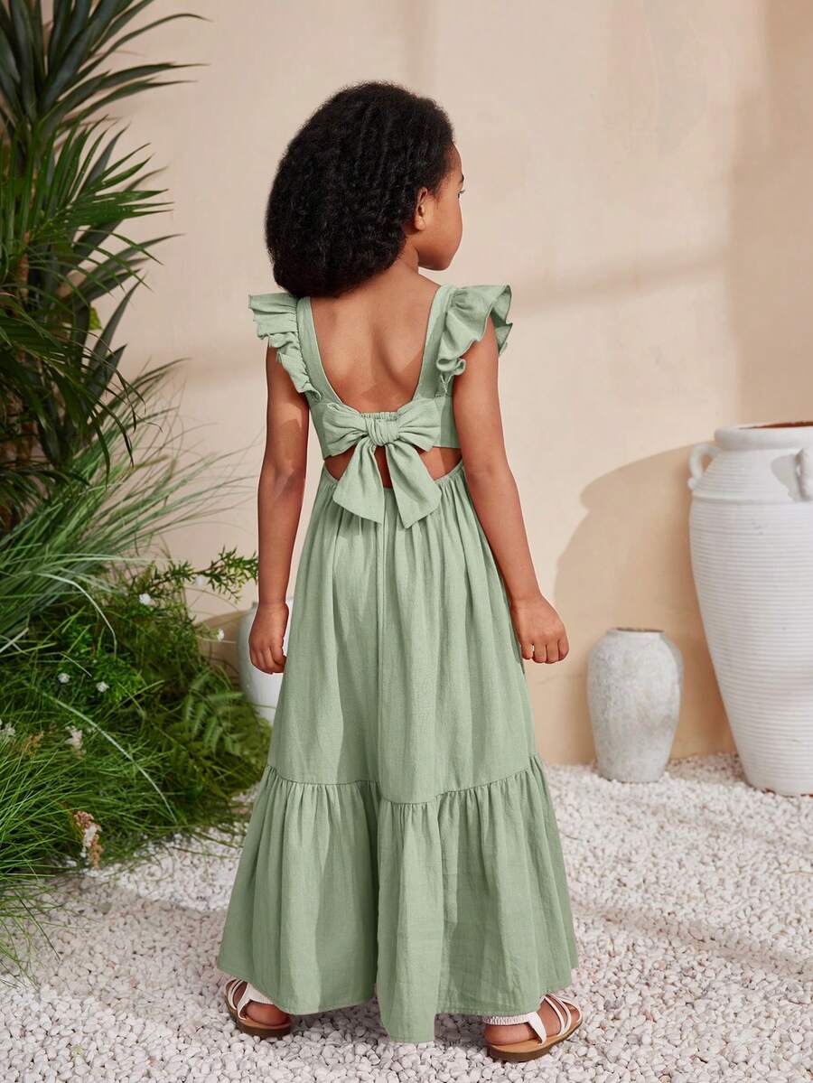 SHEIN Young Girl Net Color Woven Square Neck Sleeveless Long Dress ...