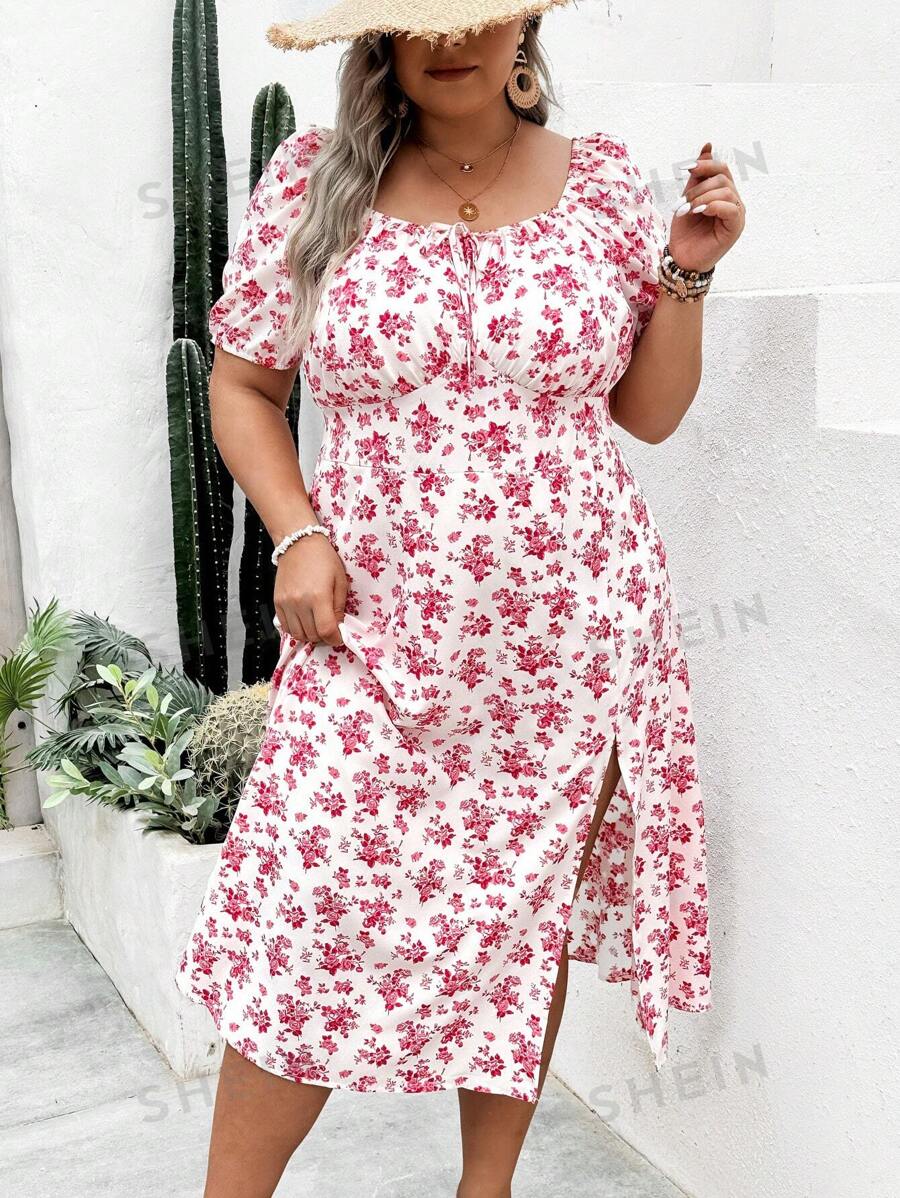 SHEIN CURVE+ Robe fendue taille haute à imprimé floral de grande taille pour l'été | Mode en ...