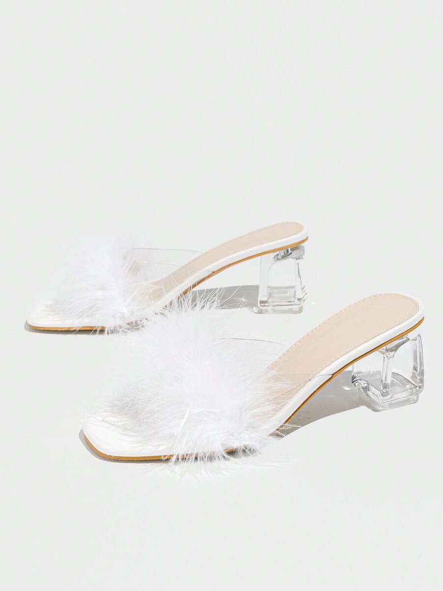 Women Thick Heel Transparent Open Toe Mule Sandals With White Faux Fur ...