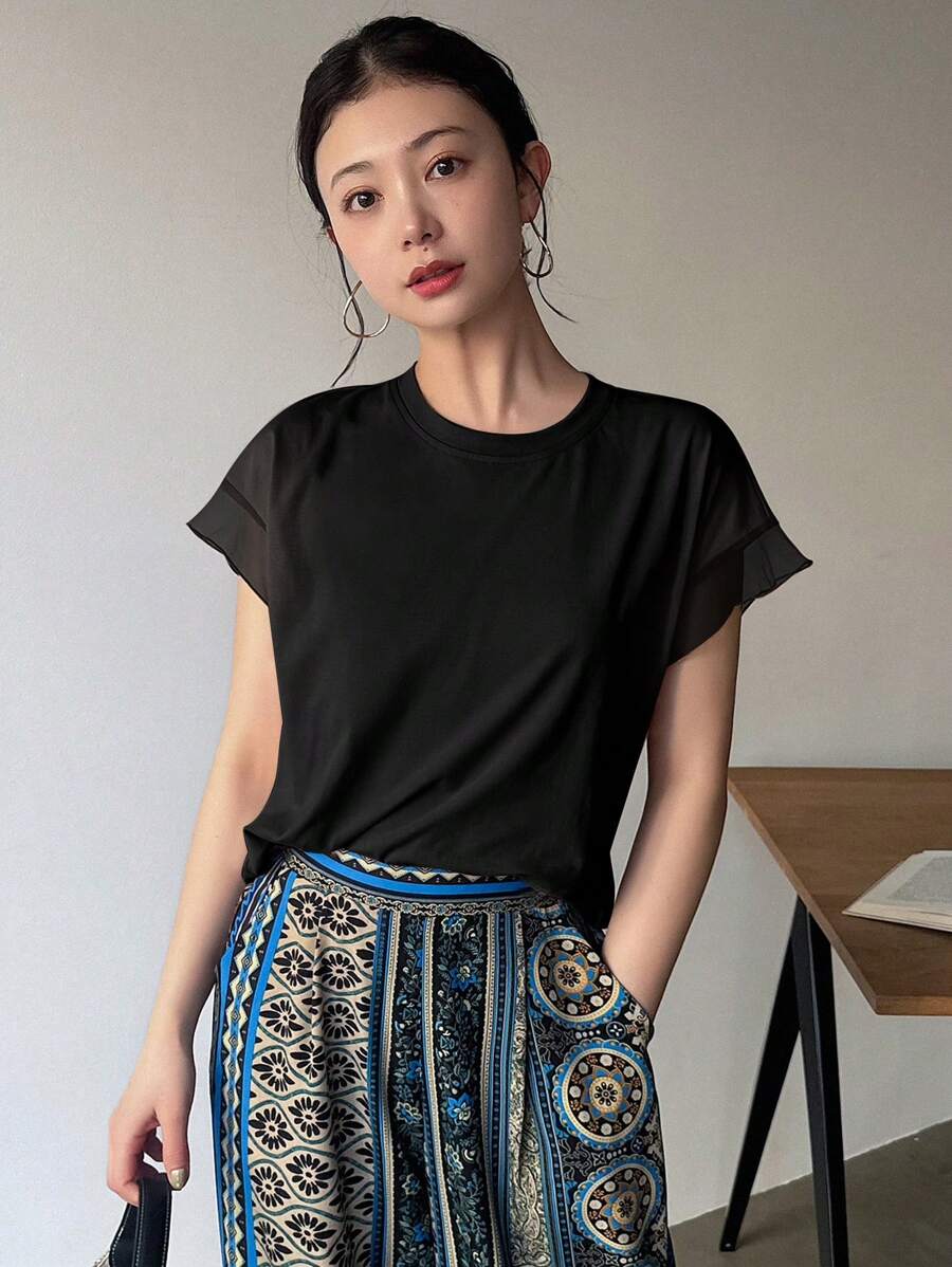 FRIFUL Designer Women's Summer Solid Color Round Neck Mesh Contrast T ...