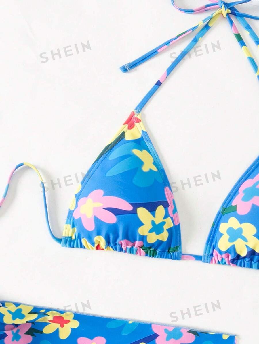 Shein Swim Vcay Women Floral Print Halter Neck Tie Sexy Bikini Set With