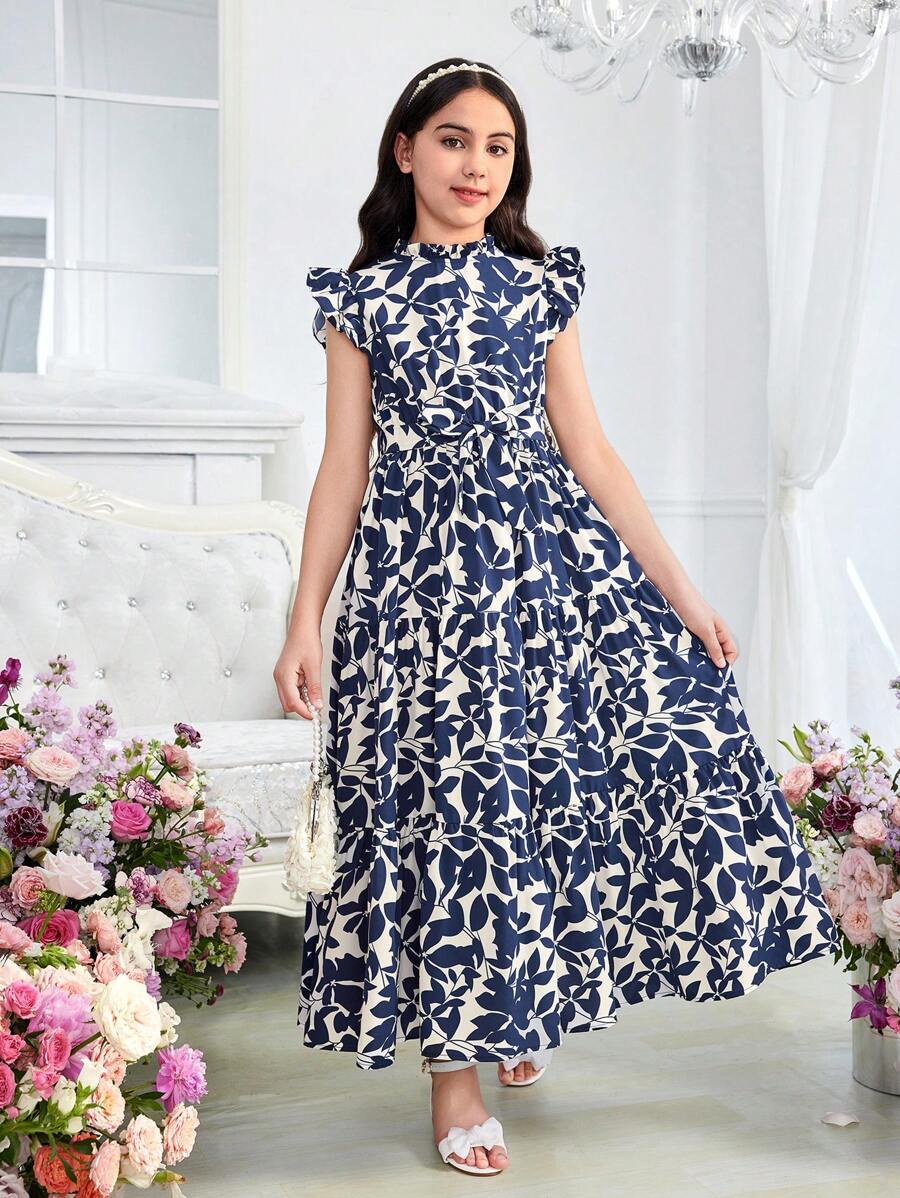 Tween Girl Loose Fit Vintage Wood Ear Edge Collar Midi Dress With Short ...