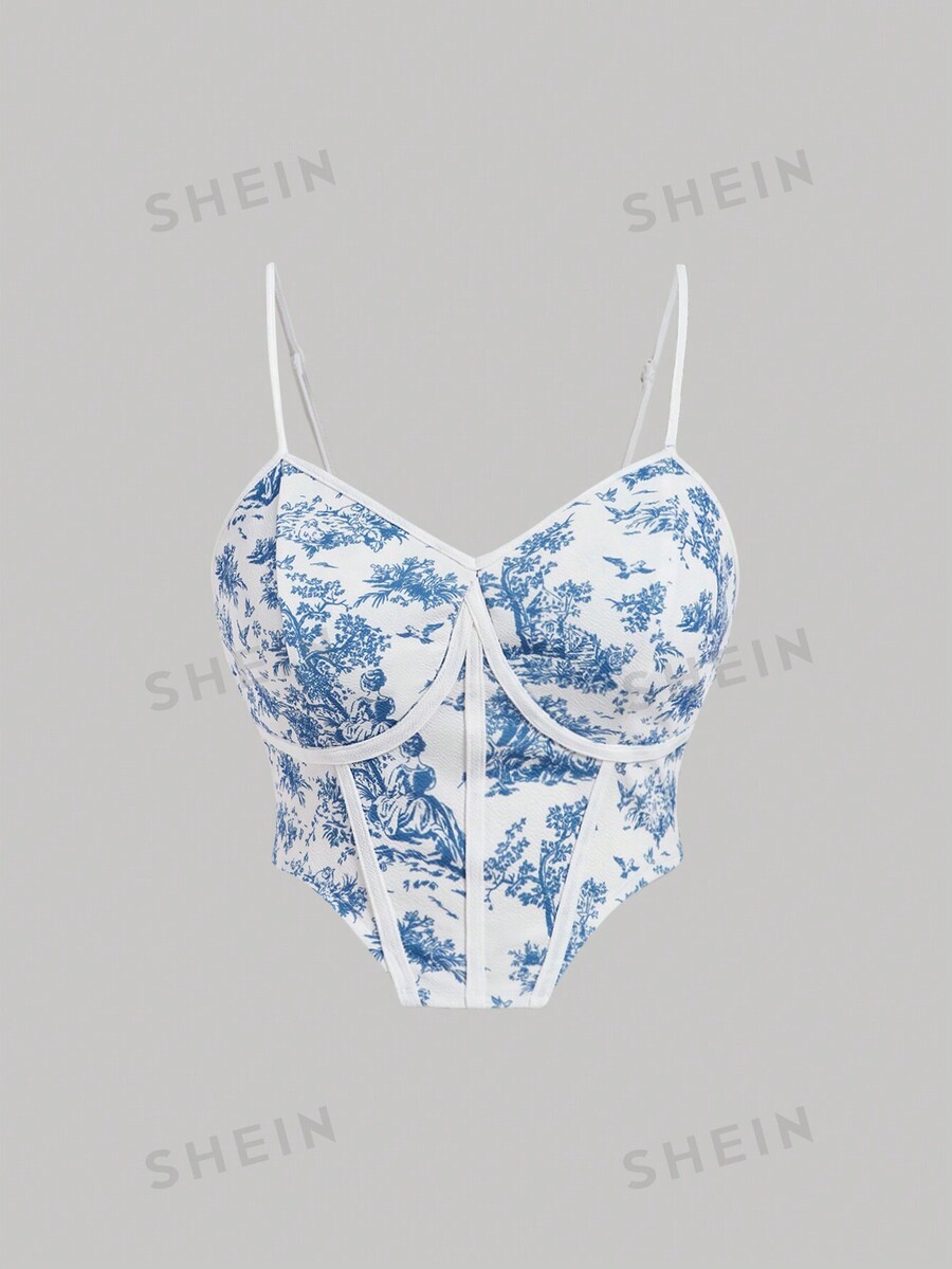 SHEIN MOD Plus Size Vintage Palace Style Blue & White Printed Fishbone ...