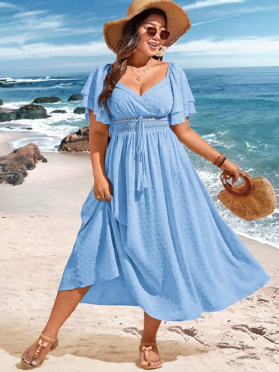 Breezaya Plus Size Beach Vacation Solid Color Jacquard Splice Lace ...