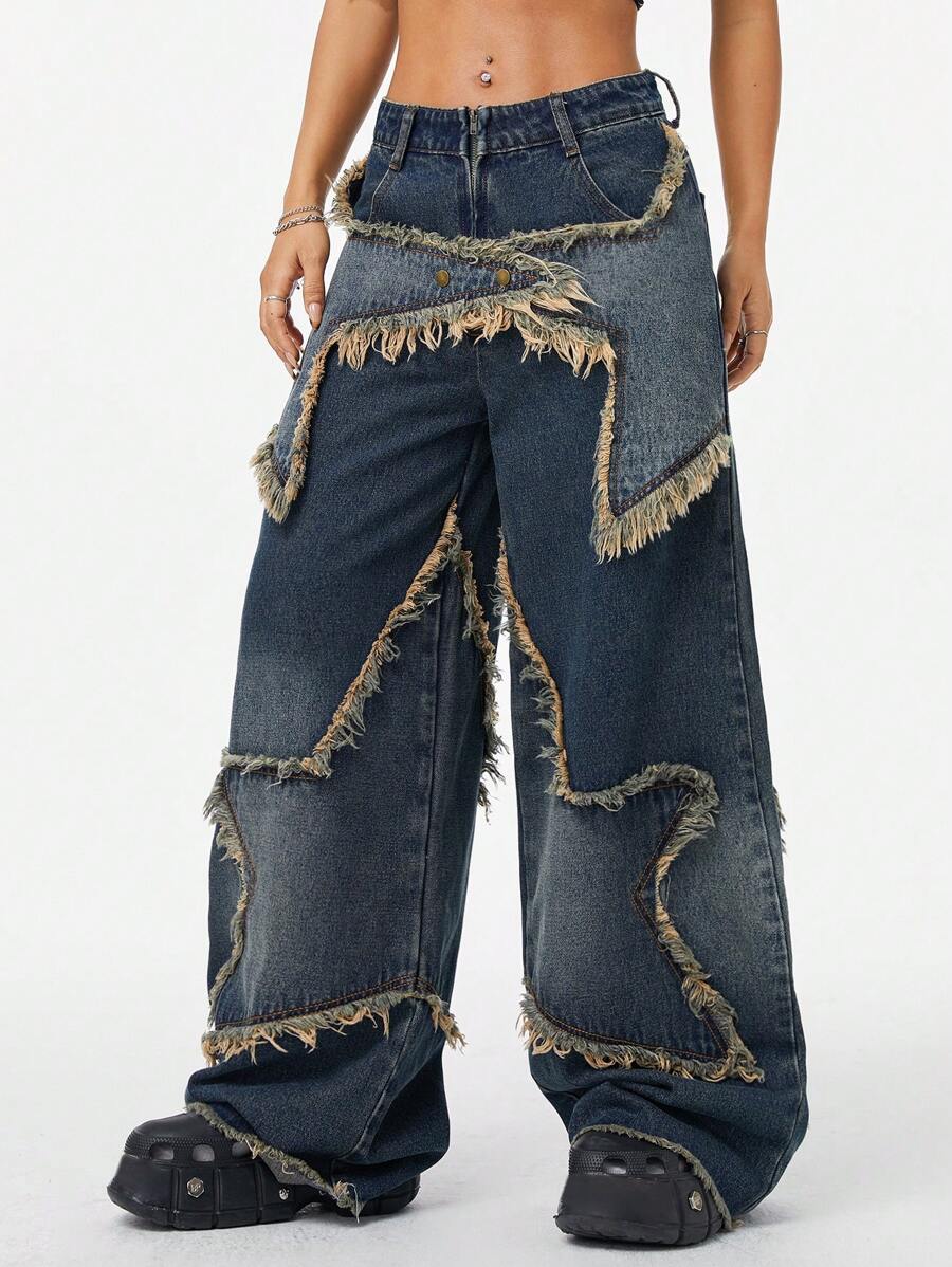 Coolane Women's Y2K Streetwear Denim Star Pattern Washed Beggy Jeans ...