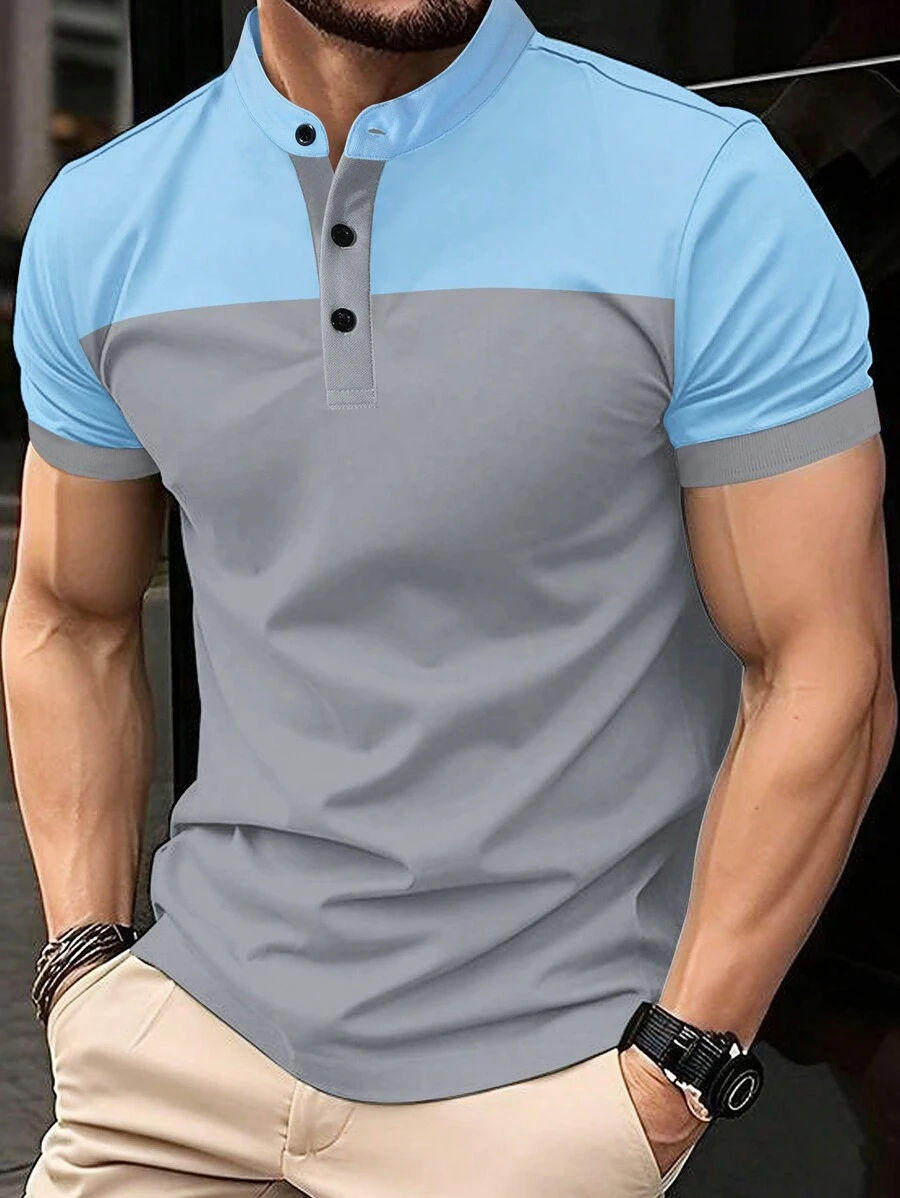 Manfinity Homme Men Fashionable Color Block Short Sleeve Half Button ...