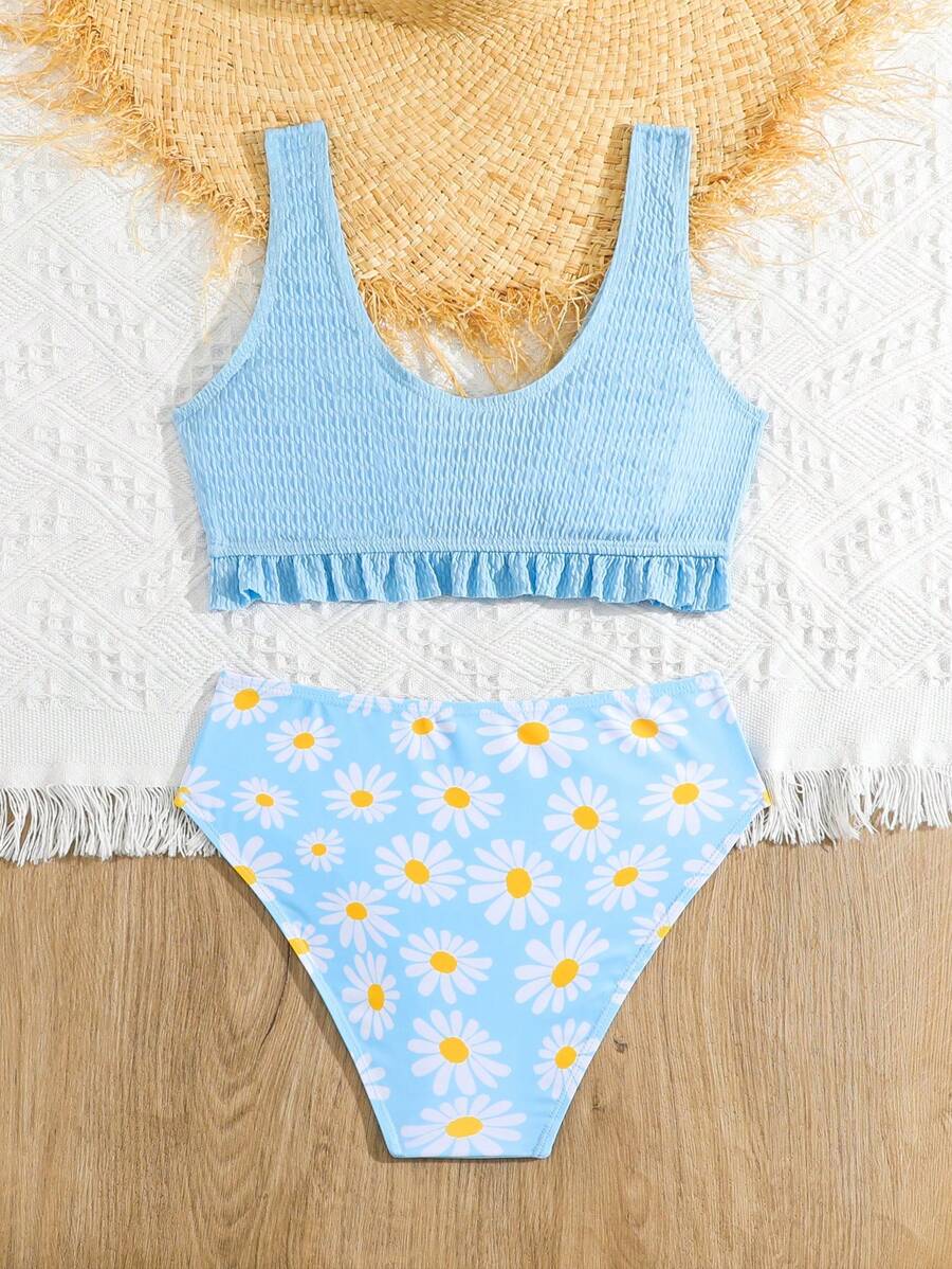 Tween Girl Daisy Print Front Tie Patchwork ชุดบิกินี่พร้อมผ้าสะบัด ...