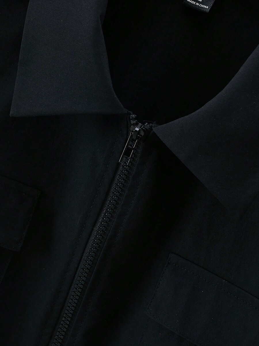 Manfinity Hypemode Men's Summer Solid Color Workwear Zipper Front Short Sleeve Casual Black ...