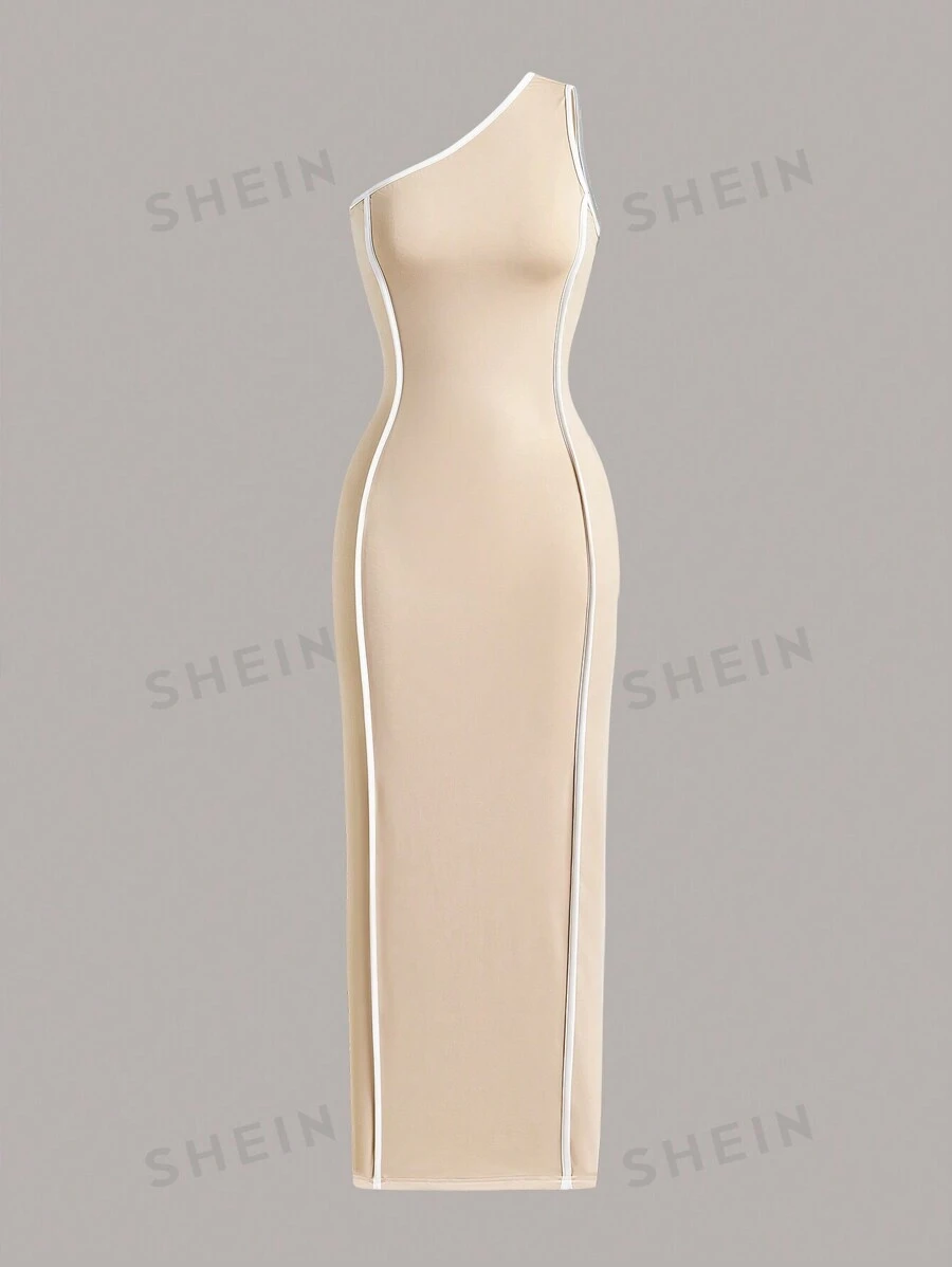 SHEIN Privé Summer Simple Elegant Daily Commute Holiday One Shoulder Waist Cinched Bodycon ...