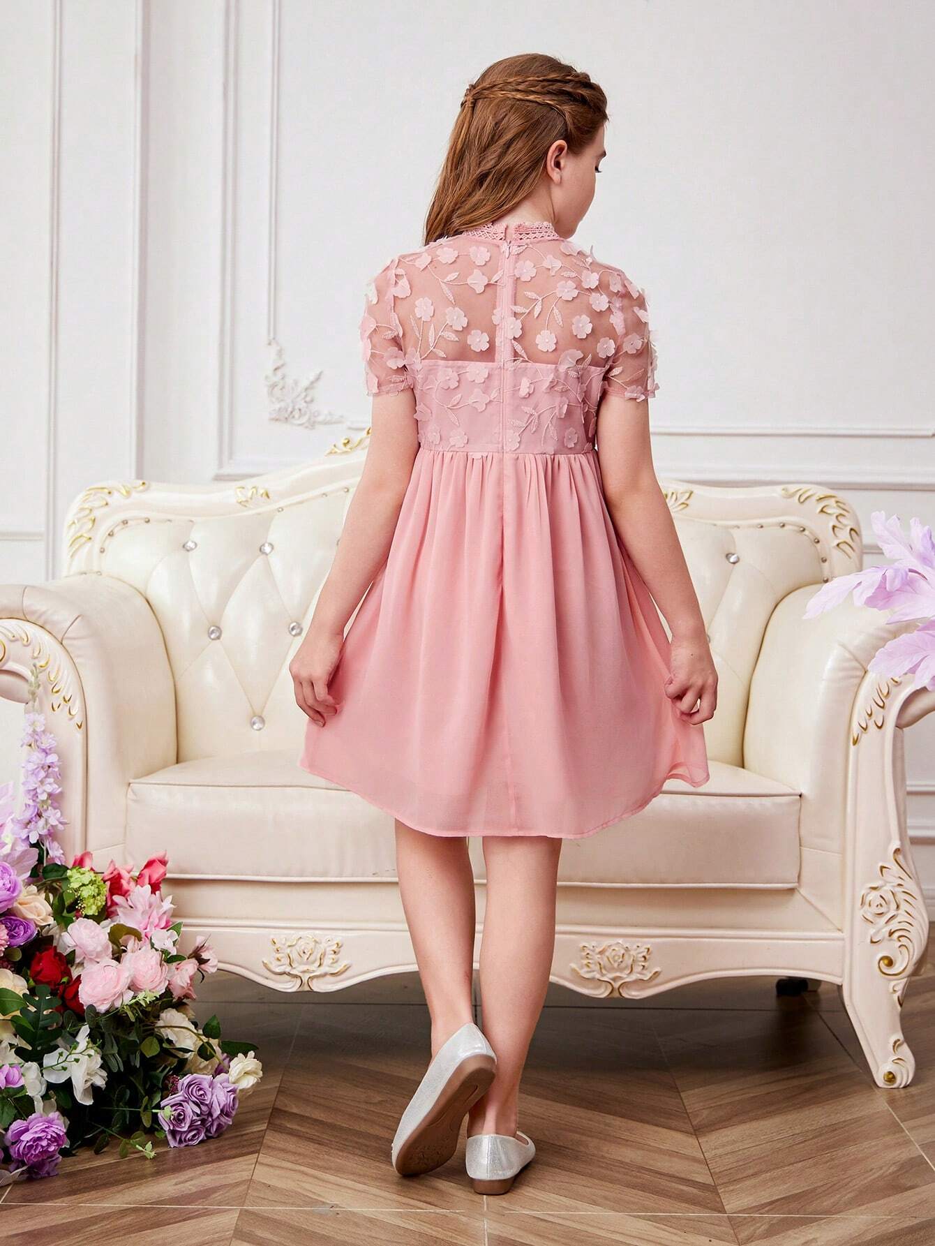 SHEIN Tween Girls Graduation Party Short Sleeve Embroidered Mesh Dress ...