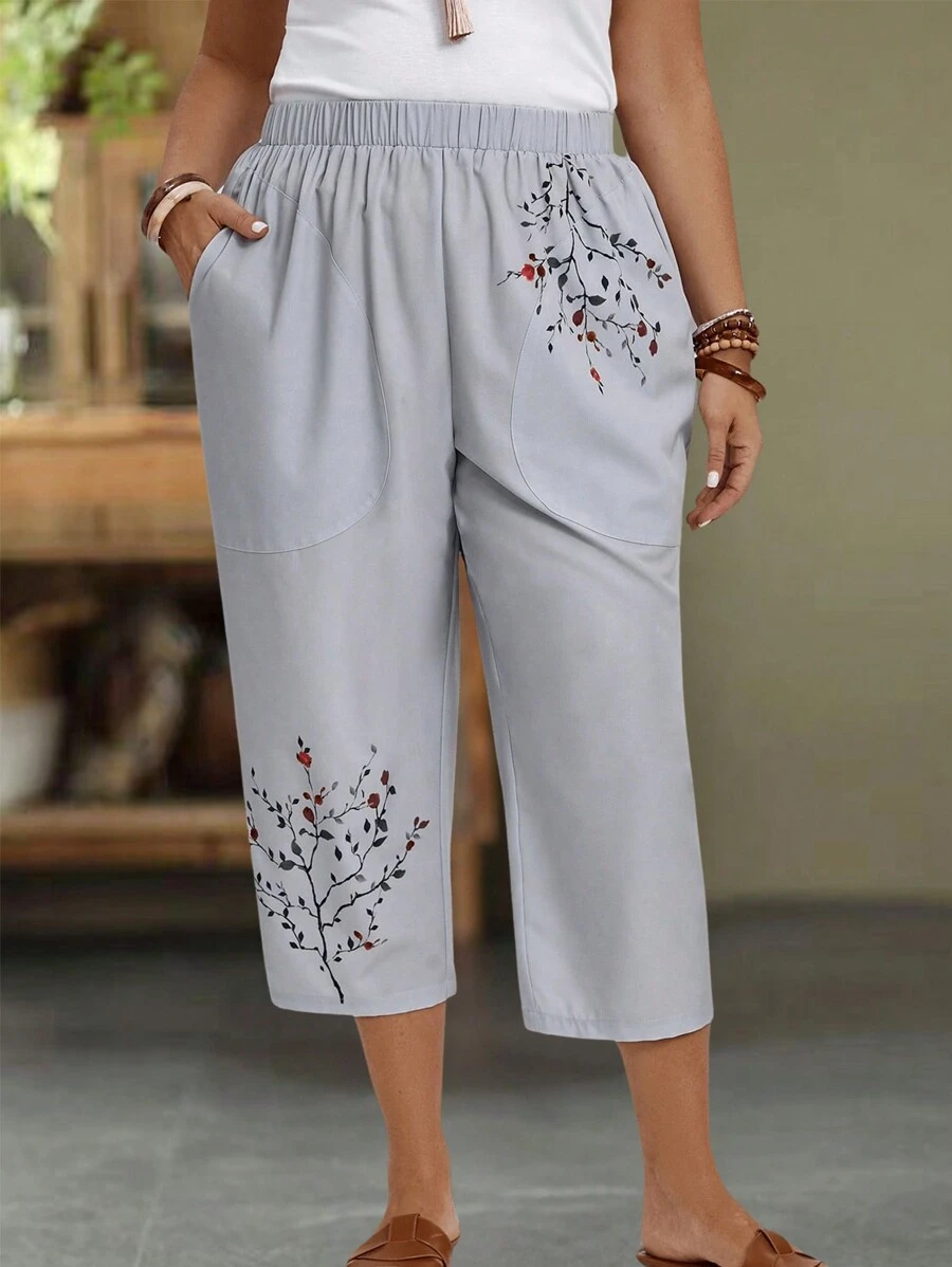 EMERY ROSE Plus Size Women's Elastic Waist Casual Loose Capris With ...