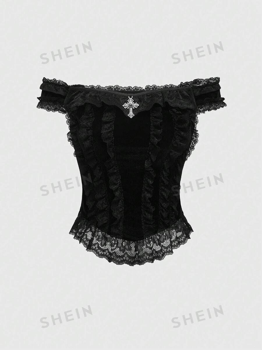 ROMWE Goth Gothic Palace Style Cross Decoration Lace Trim Velvet Off ...