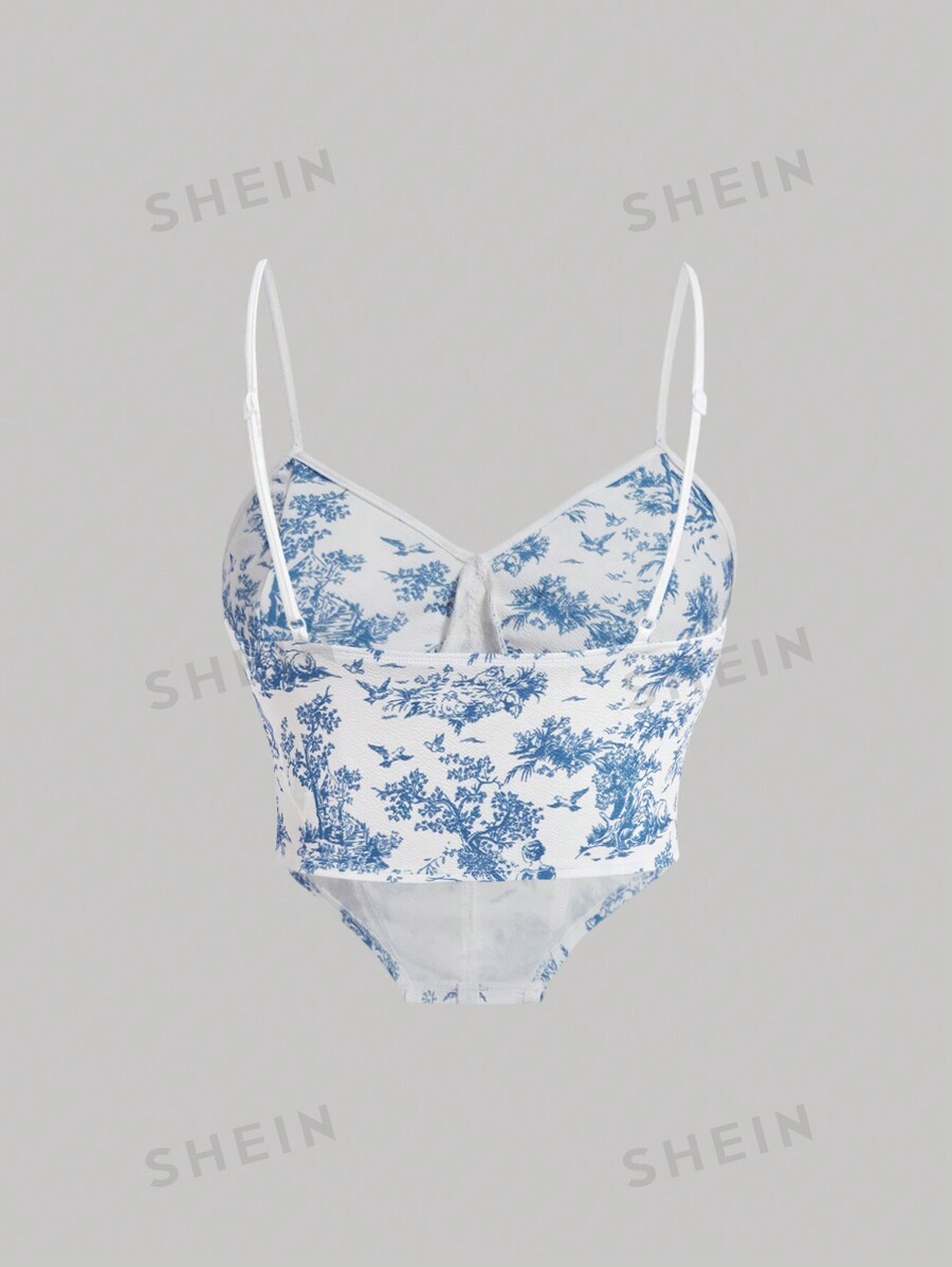 SHEIN MOD Plus Size Vintage Palace Style Blue & White Printed Fishbone ...