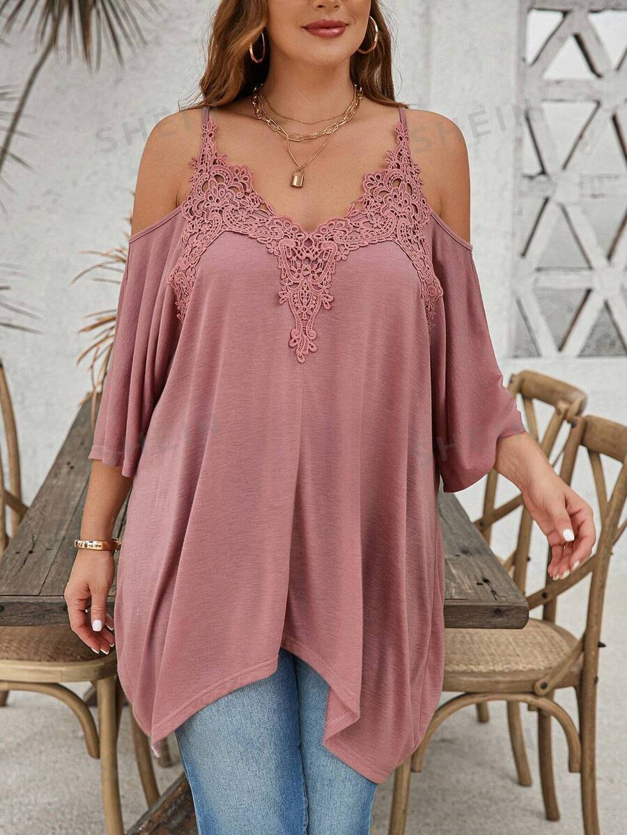 SHEIN Clasi Summer Wide Asymmetrical Hem Lace Collar Flower Patchwork ...