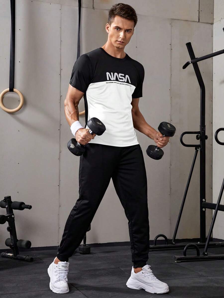 Manfinity Fitness Men's Color Block Minimalist Printed Short Sleeve And ...