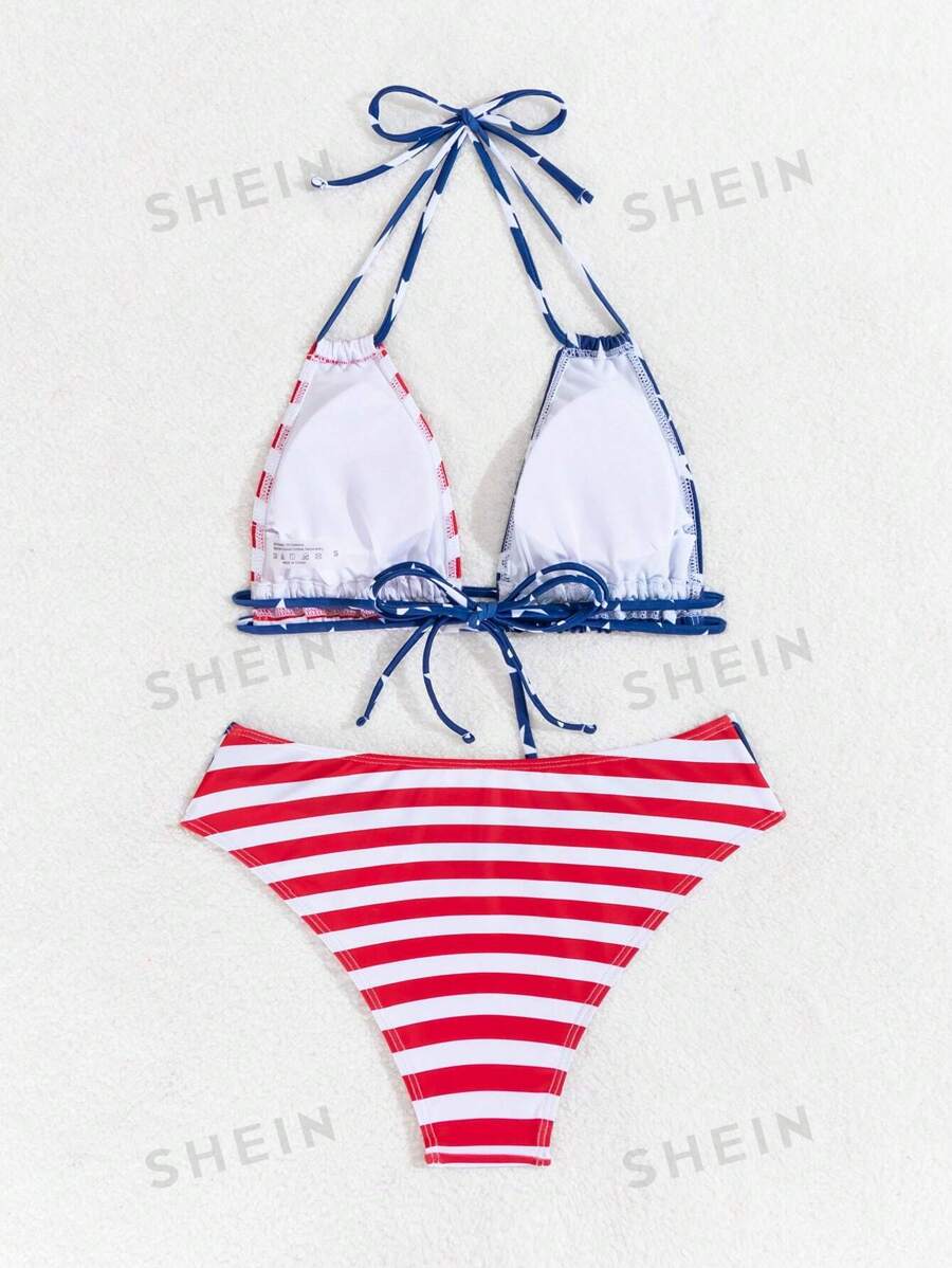 Shein Vcay Womens Beach Vacation American Flag Print Halter Neck Bra