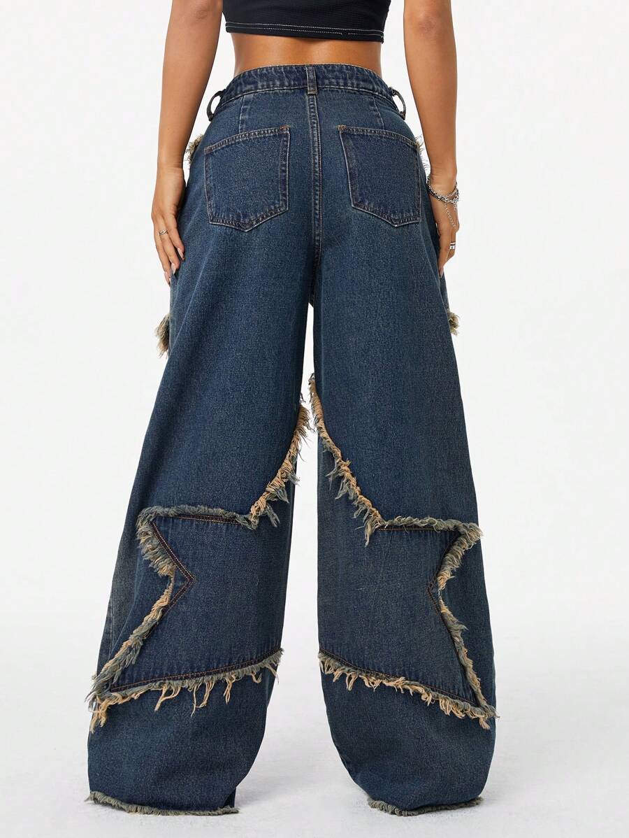 Coolane Women's Y2K Streetwear Denim Star Pattern Washed Beggy Jeans ...