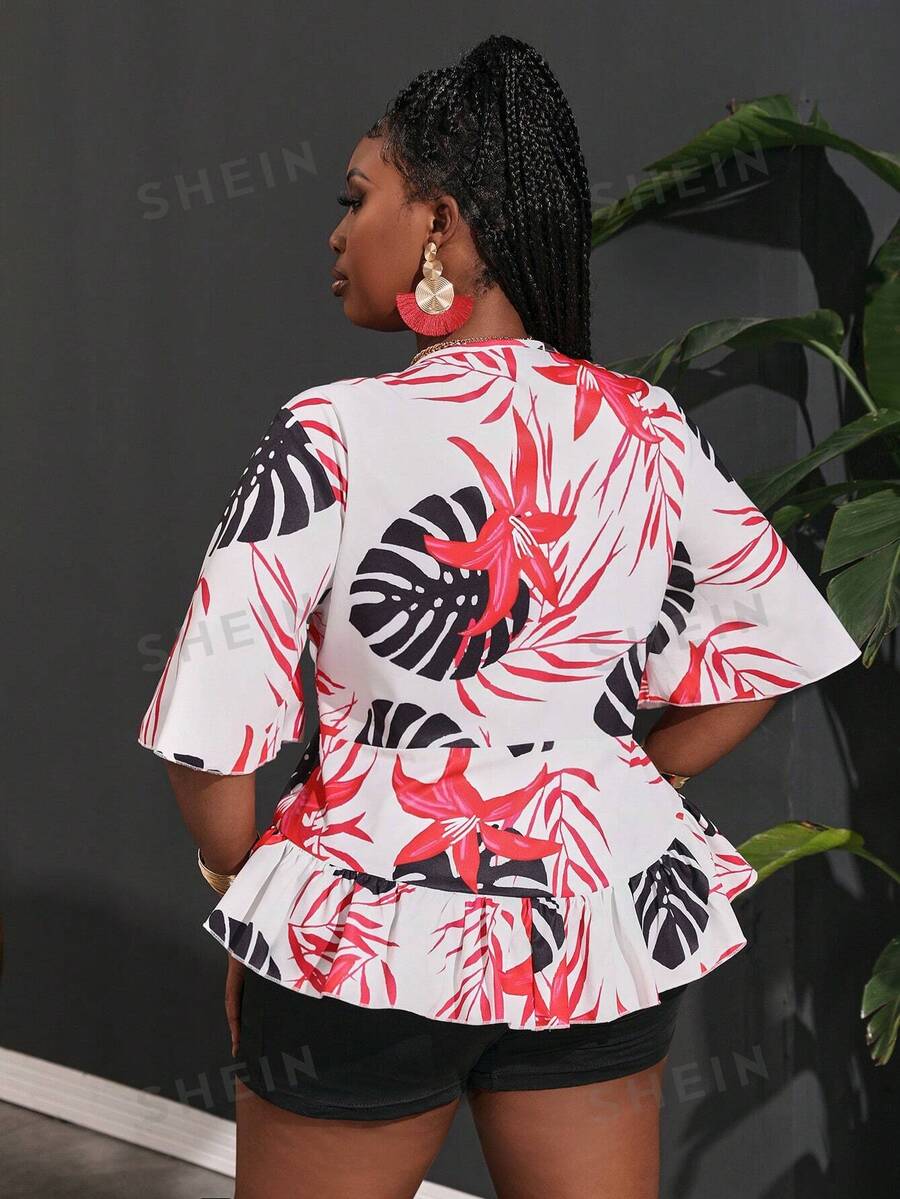 SHEIN Slayr Plus Size Two-Piece Set With Splicing Design, Ruffled Hem ...