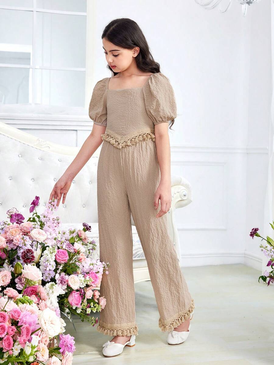2pcs/Set Slim-Fit Cute Square Neck Puff Sleeve Top And Pant Set For ...