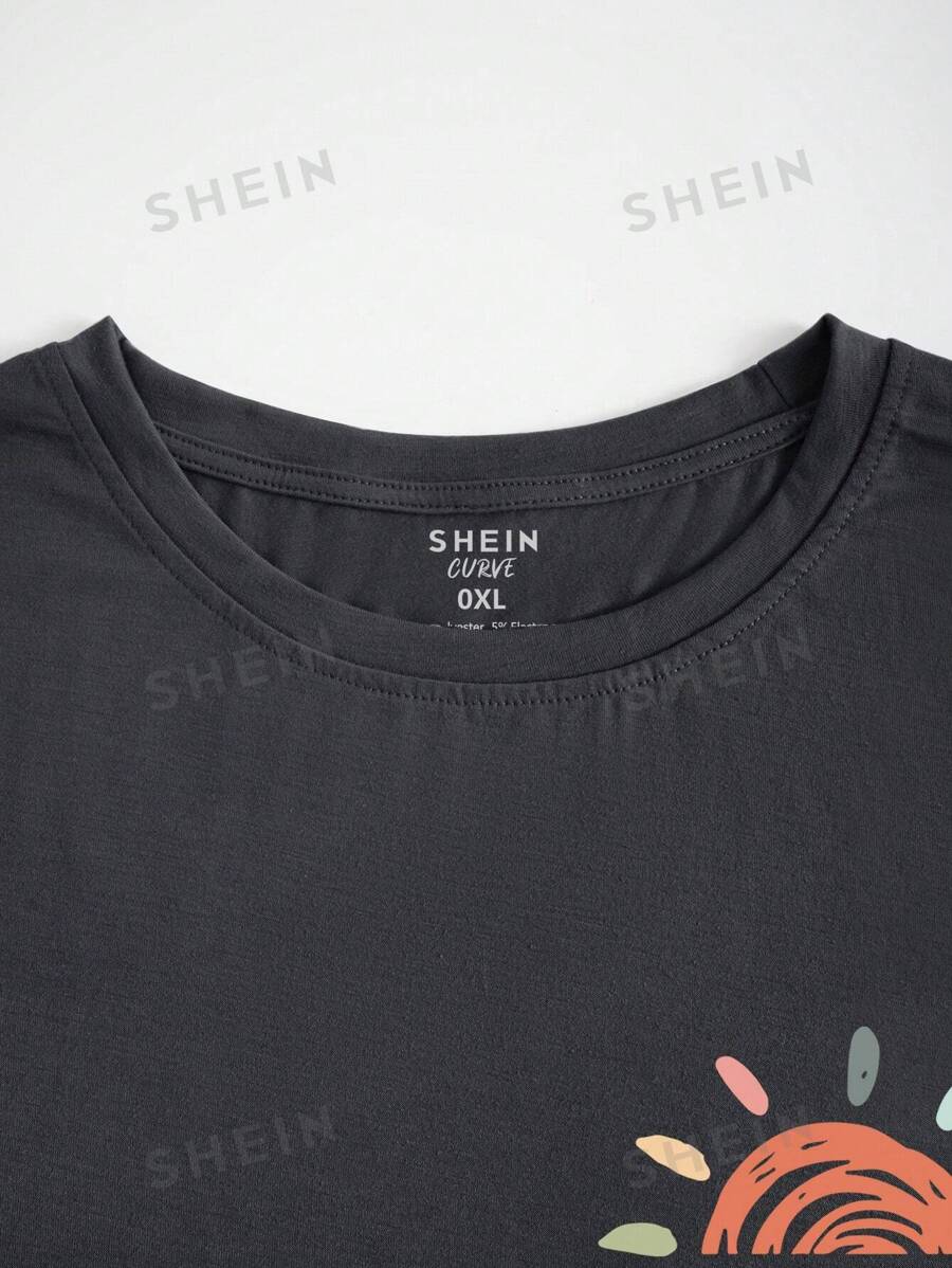 SHEIN EZwear Plus Size Women's Summer Loose Fit Round Neck T-Shirt With Slogan Print And Drop ...