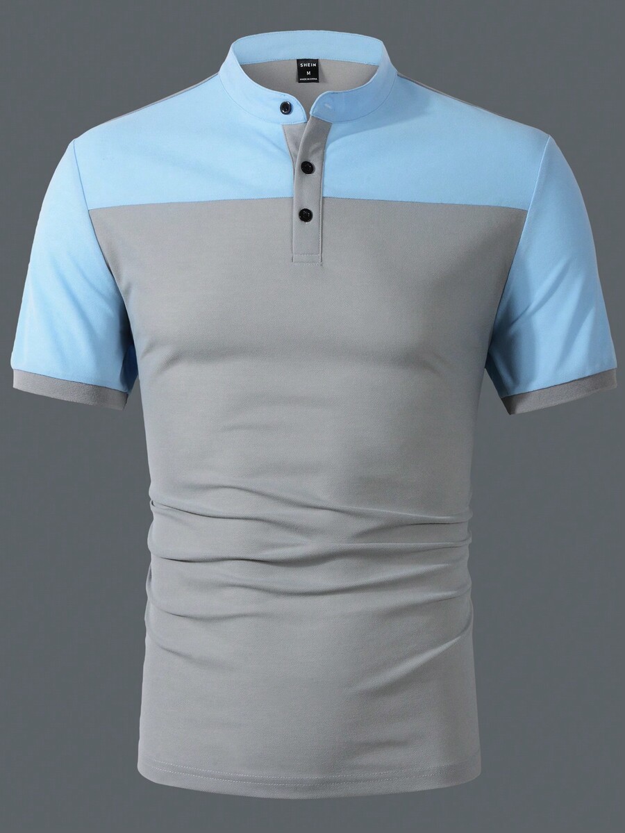 Manfinity Homme Men Fashionable Color Block Short Sleeve Half Button Collar Going Out Casual ...