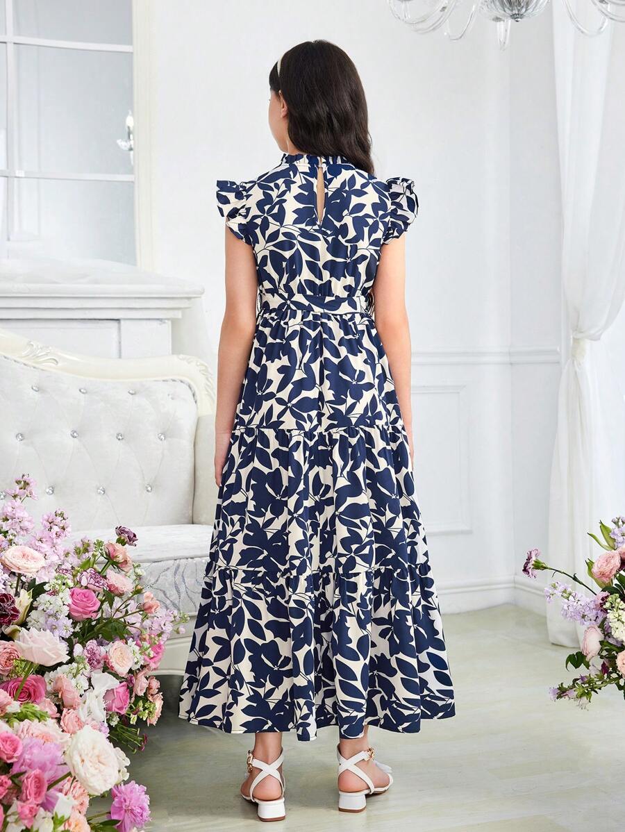 Tween Girl Loose Fit Vintage Wood Ear Edge Collar Midi Dress With Short ...