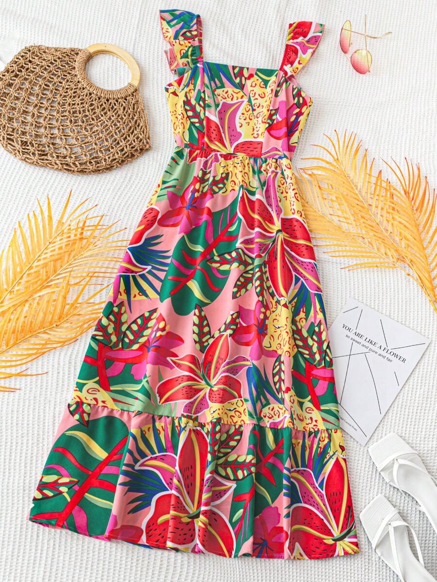 SHEIN WYWH WYWH Women's Vacation Floral Print Square Neck Short Flutter ...