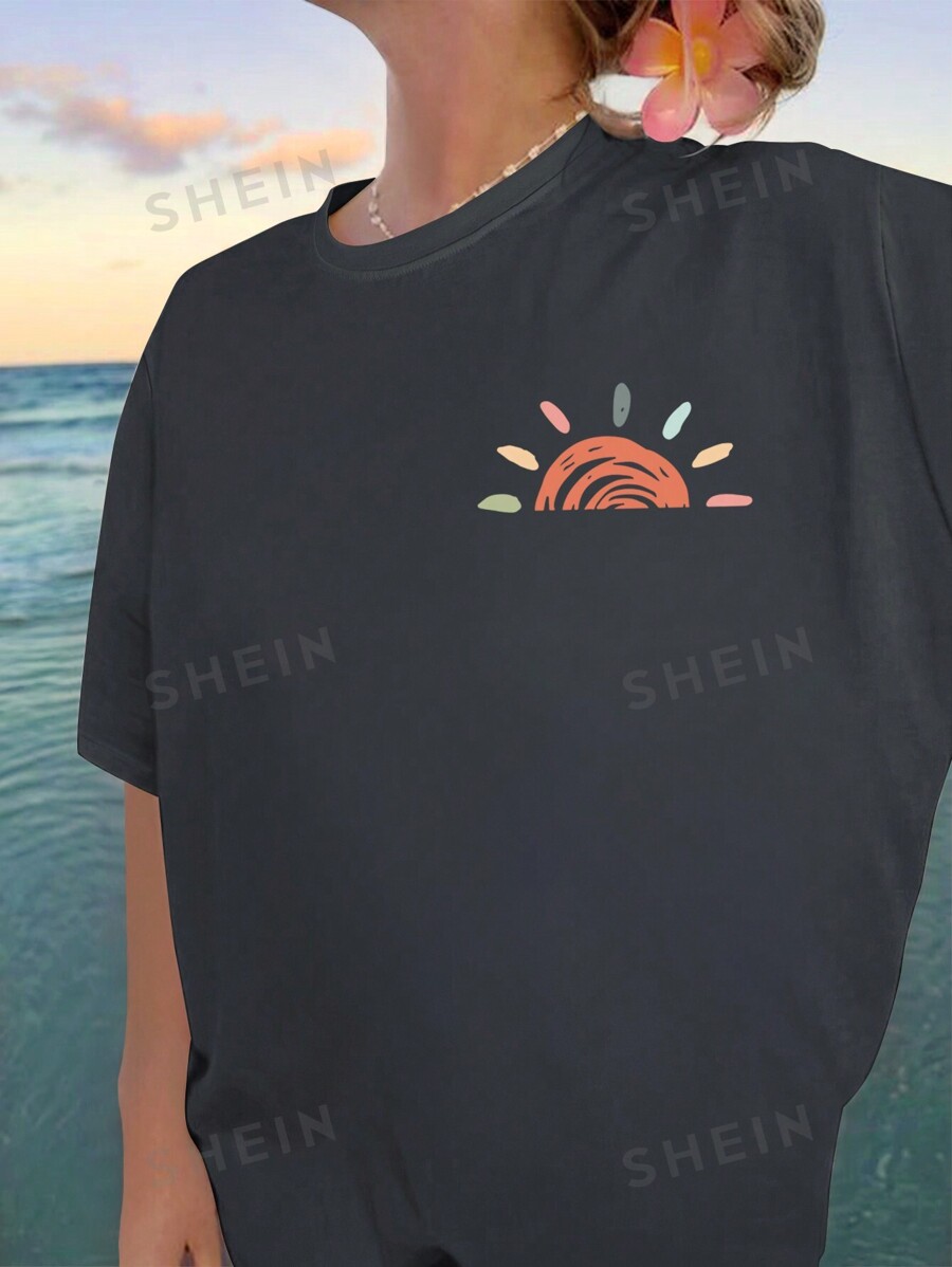 SHEIN EZwear Plus Size Women's Summer Loose Fit Round Neck T-Shirt With ...