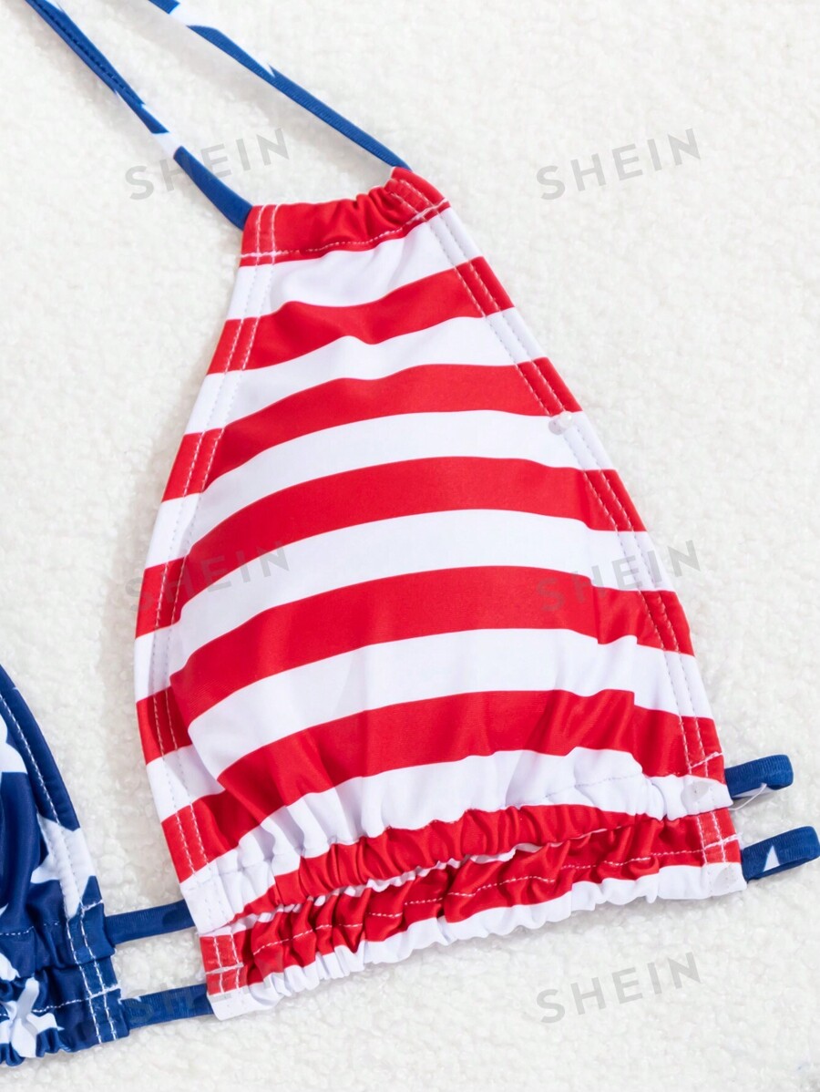 Shein Vcay Womens Beach Vacation American Flag Print Halter Neck Bra