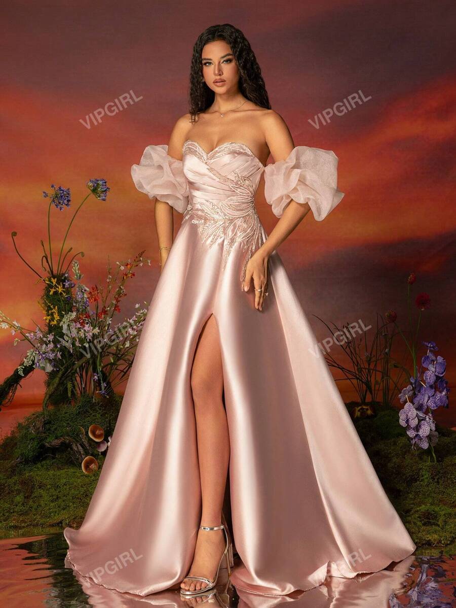 VIPGIRL Rose Gold Satin Puff Sleeve Design Evening Dress, Slimming And ...