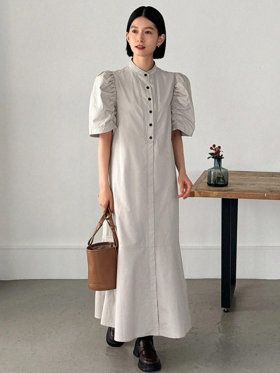 FRIFUL Ladies' Solid Color Puff Sleeve Dress With Single Breasted ...