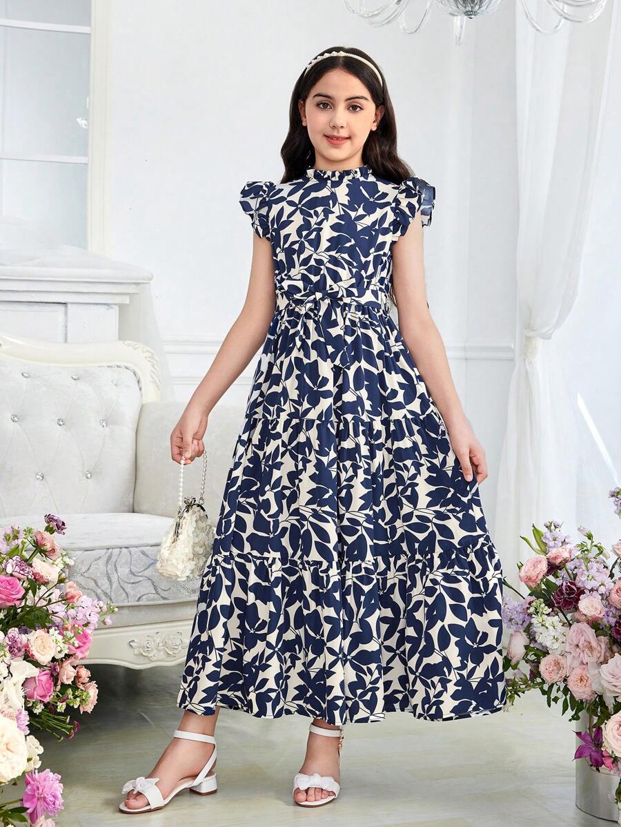 Tween Girl Loose Fit Vintage Wood Ear Edge Collar Midi Dress With Short ...